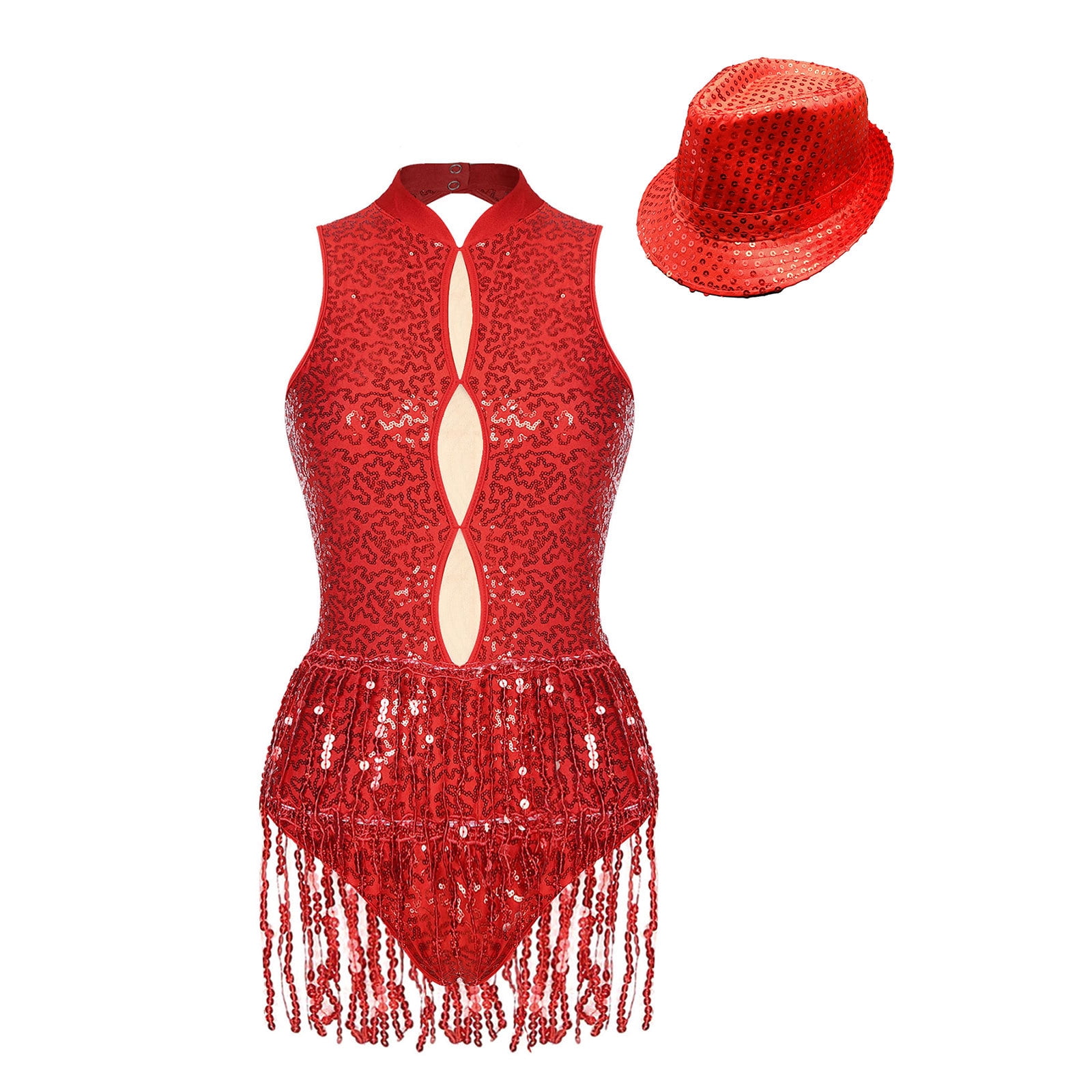 YONGHS Womens Sparkly Sequin Fringe Leotard Dress with Hat Jazz Latin ...