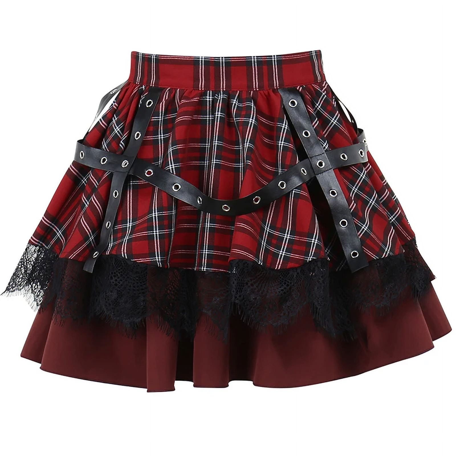 Yoocdf Gothic Harajuku Girls Plaid Pleated Skirt Punk Sweet Lace Kawaii