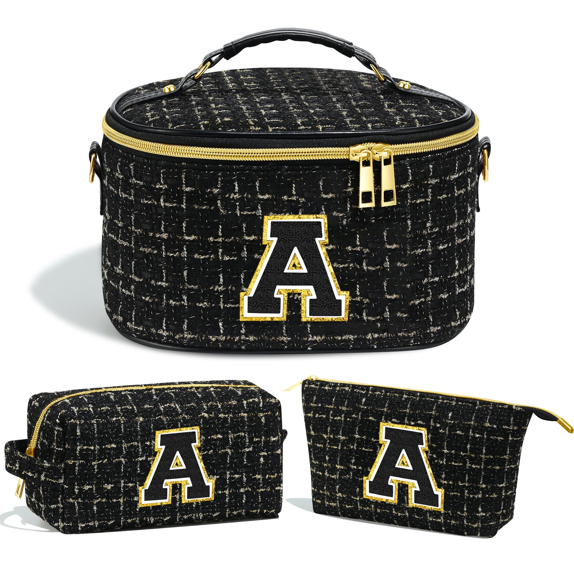 3PCS Monogram Personalized Black Initial Makeup Bags Pouch for Women ...