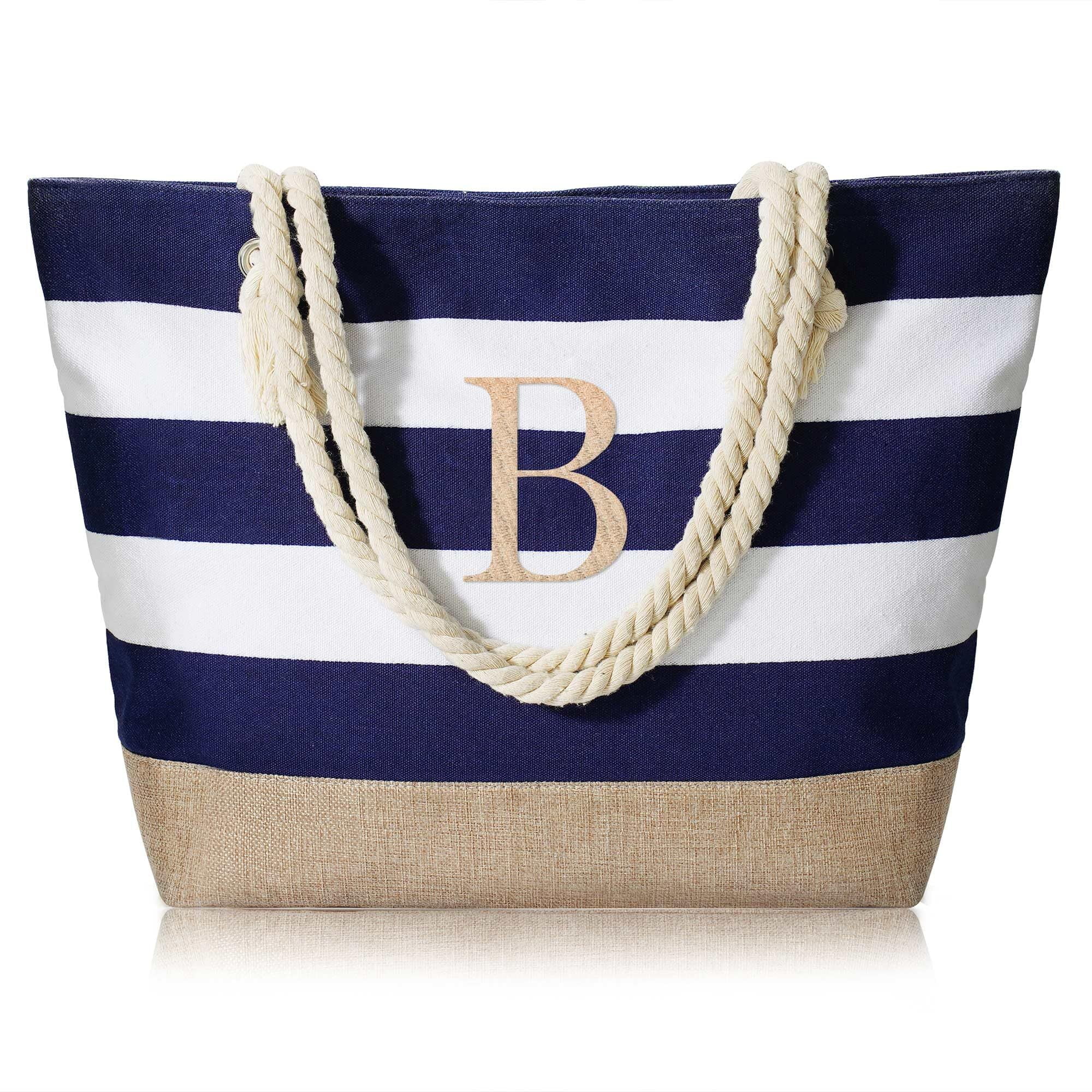 YOOLIFE Beach Bag for Women, Monogram Initial Canvas Beach Tote Bag ...