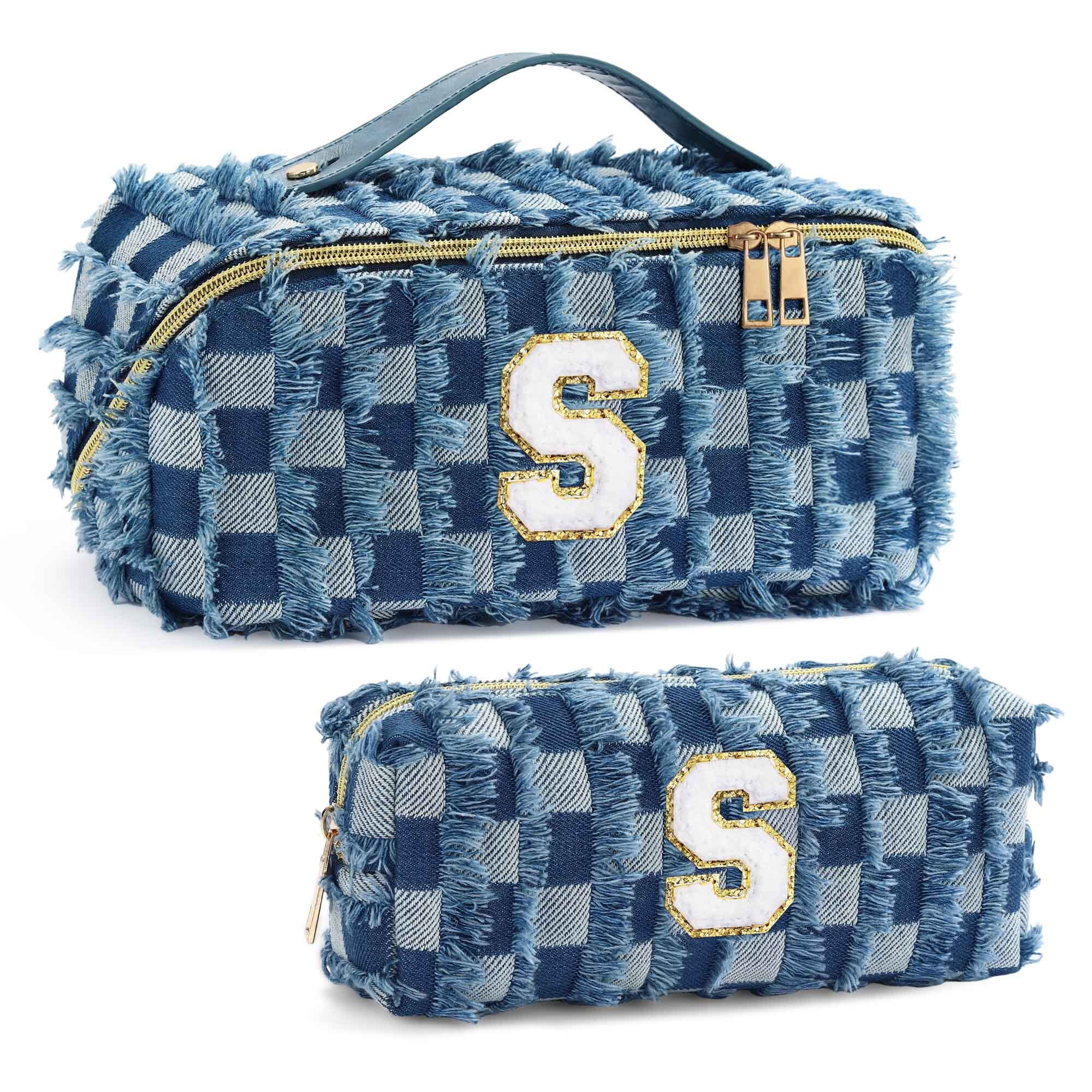 YOOLIFE Checkered Makeup Bag Initial Cosmetic Bags for Women, Small ...