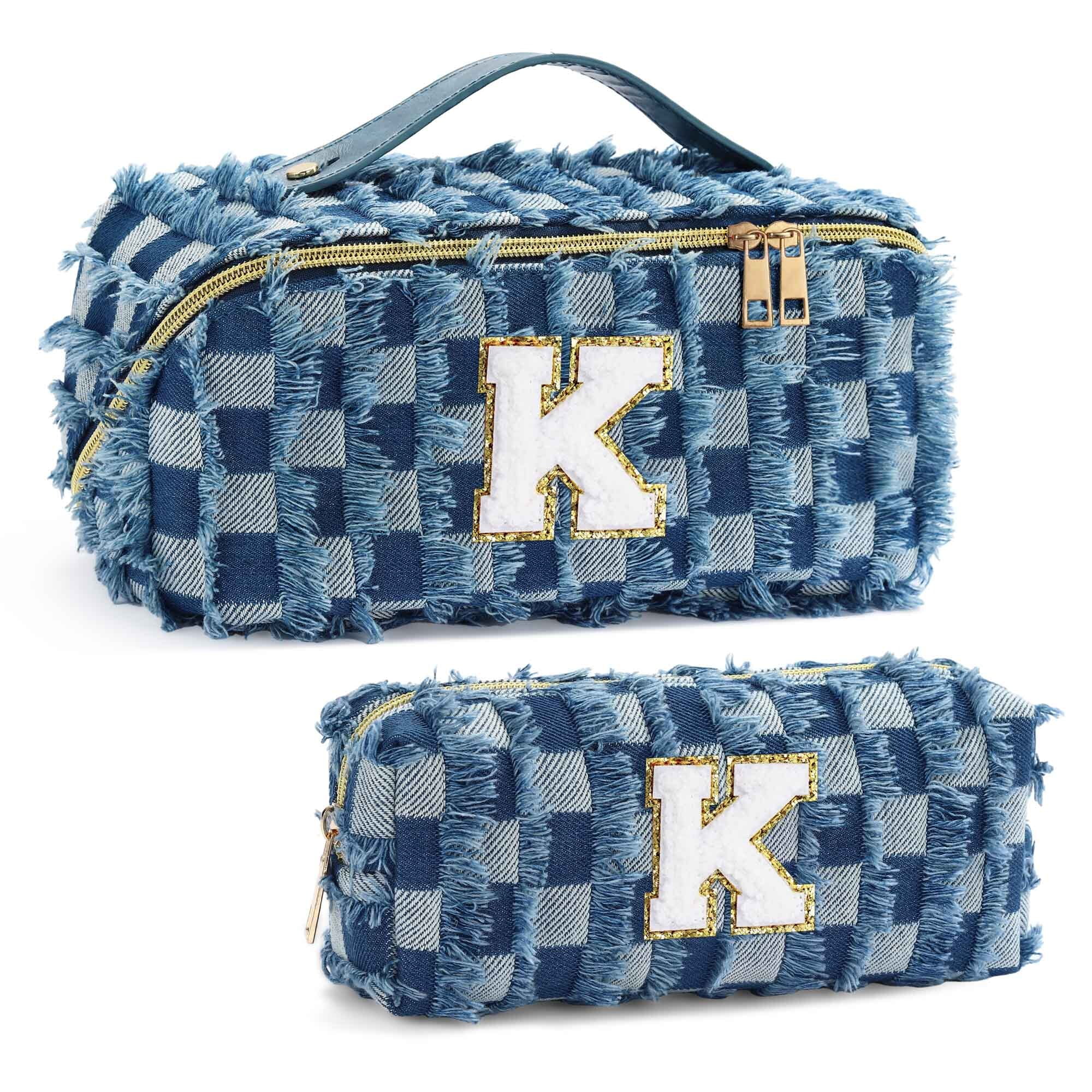 YOOLIFE Checkered Makeup Bag Initial Cosmetic Bags for Women, Small ...