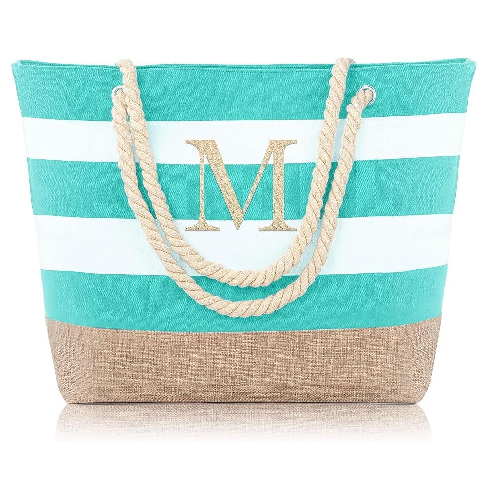 Yoolife Monogram Initial Canvas Waterproof Beach Tote Bag Zipper ...
