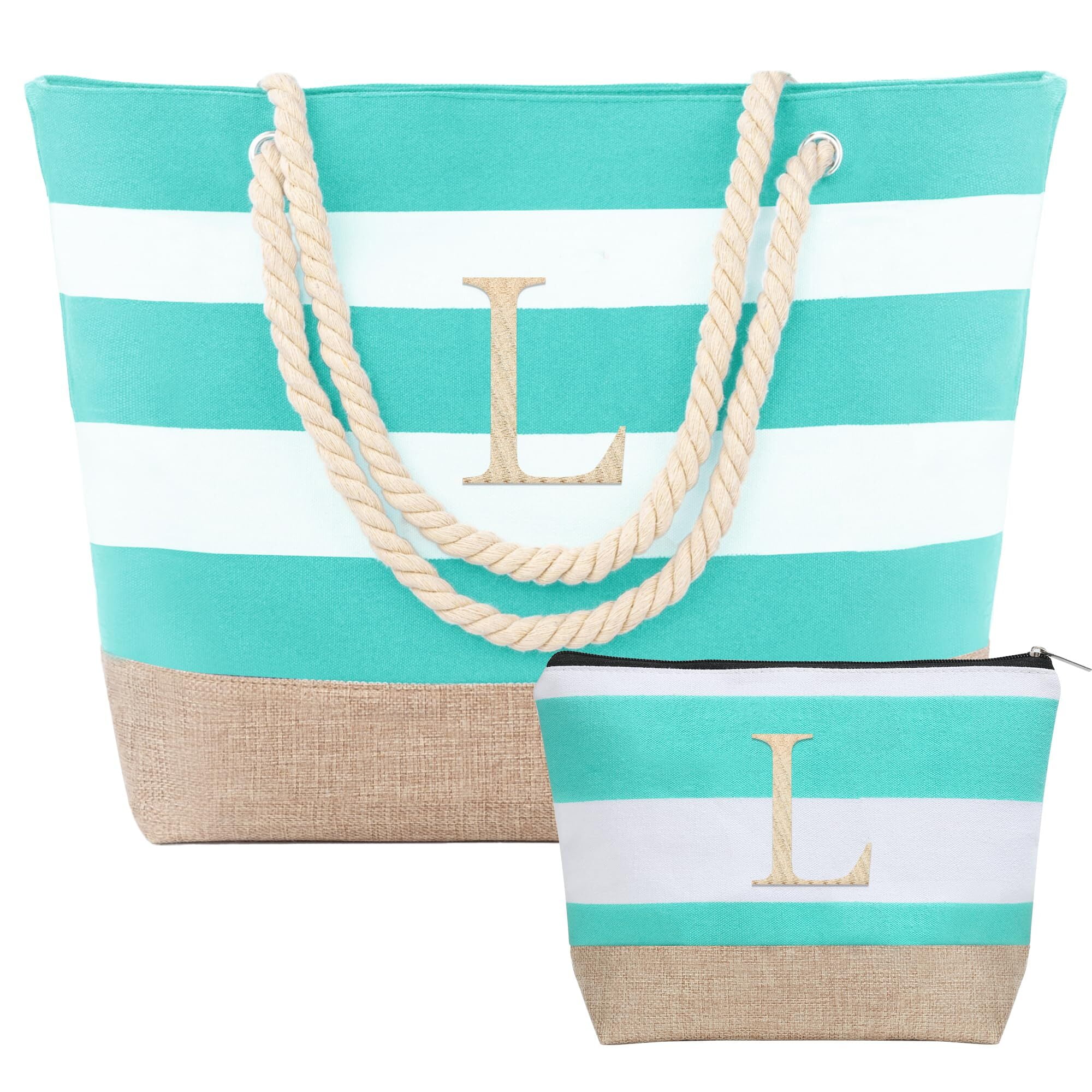 YOOLIFE Monogram Initial Canvas Waterproof Beach Tote Bag Zipper ...