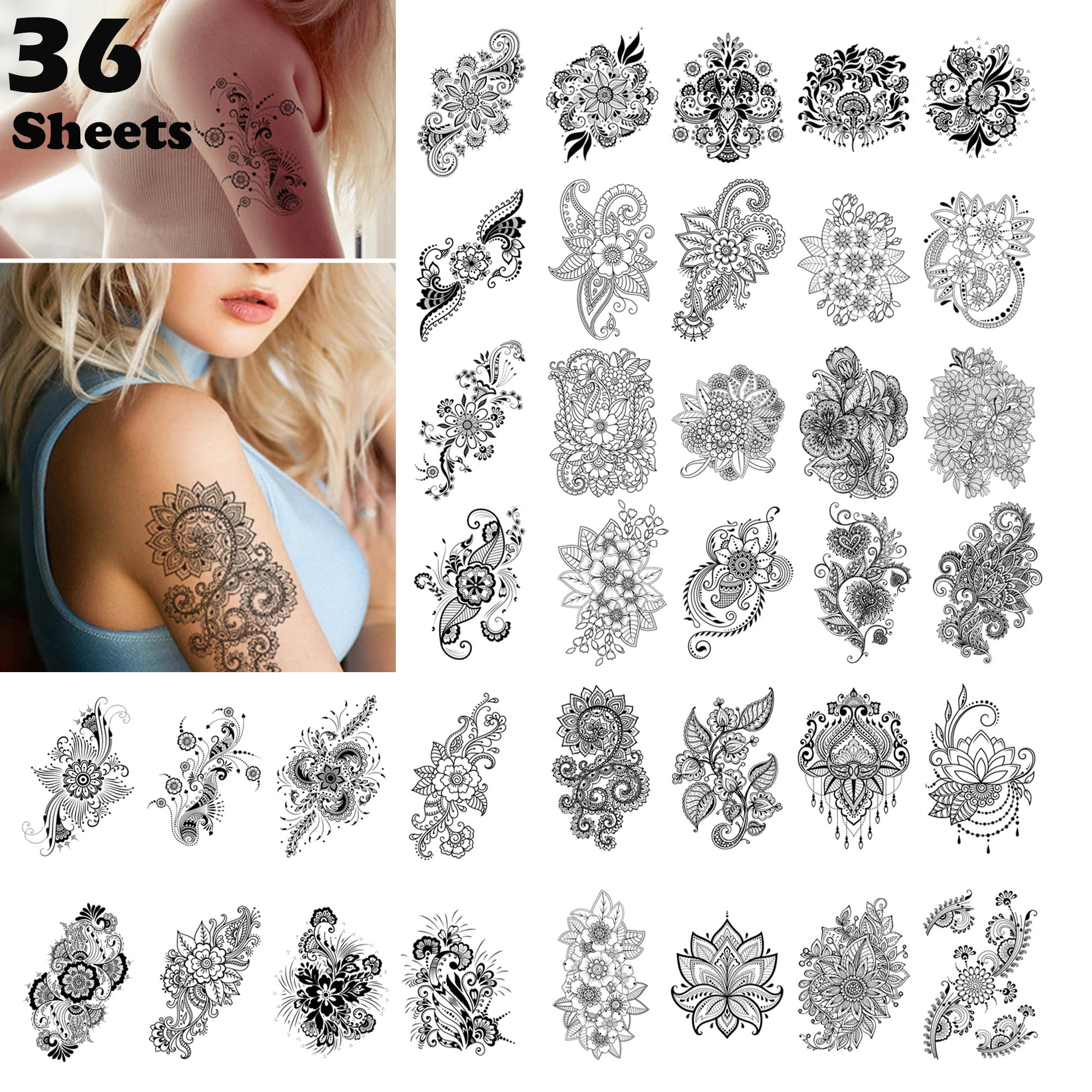 YOOSMATIC 36 Sheets 3D Flower Tattoos Arm Sleeve Sketch Temporary ...