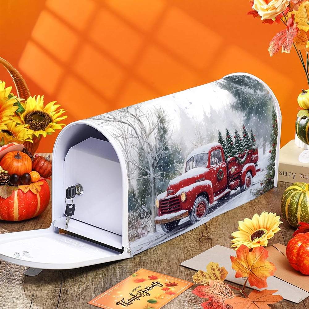 YOPINCO Christmas Mailbox Cover Magnetic Red Pickup Truck and Winter ...