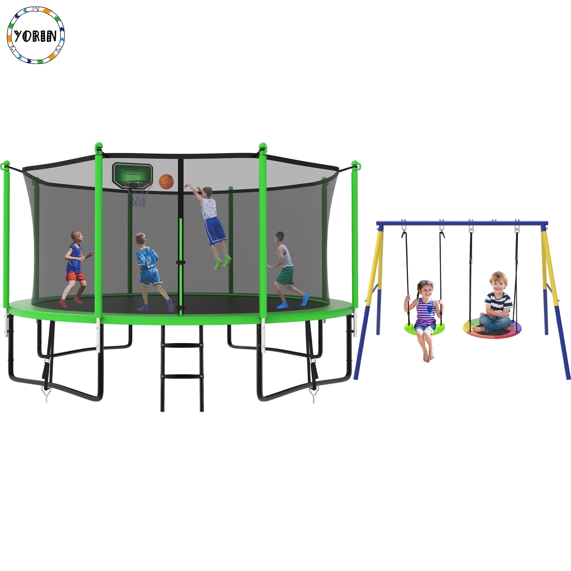 YORIN 14FT Trampoline, Safety Net, Slide, Swing, Hoop, Outdoor Bounce ...