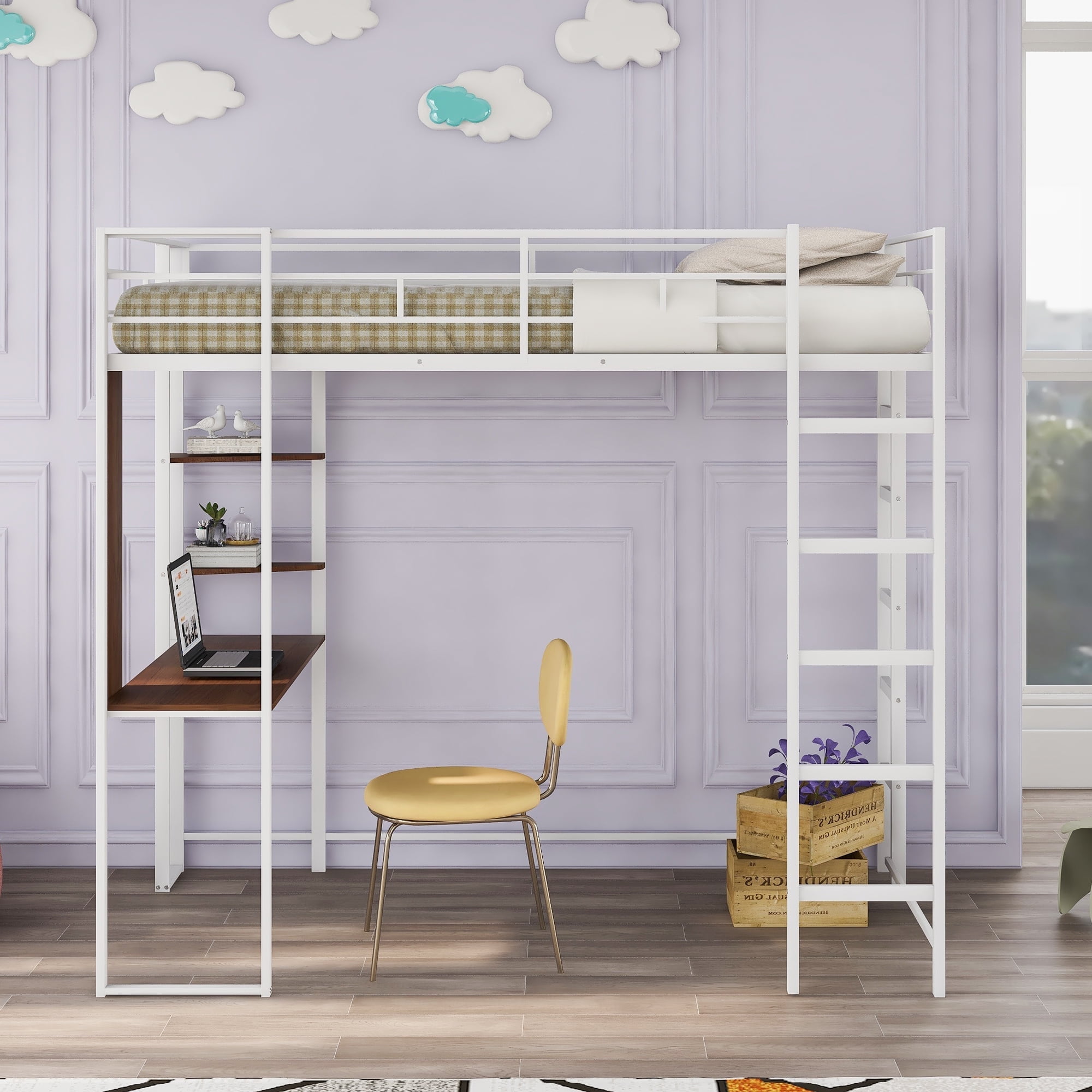 YORIN Metal Loft Bed, Twin Loft Bed with Desk for Kids, Ladder and Full ...