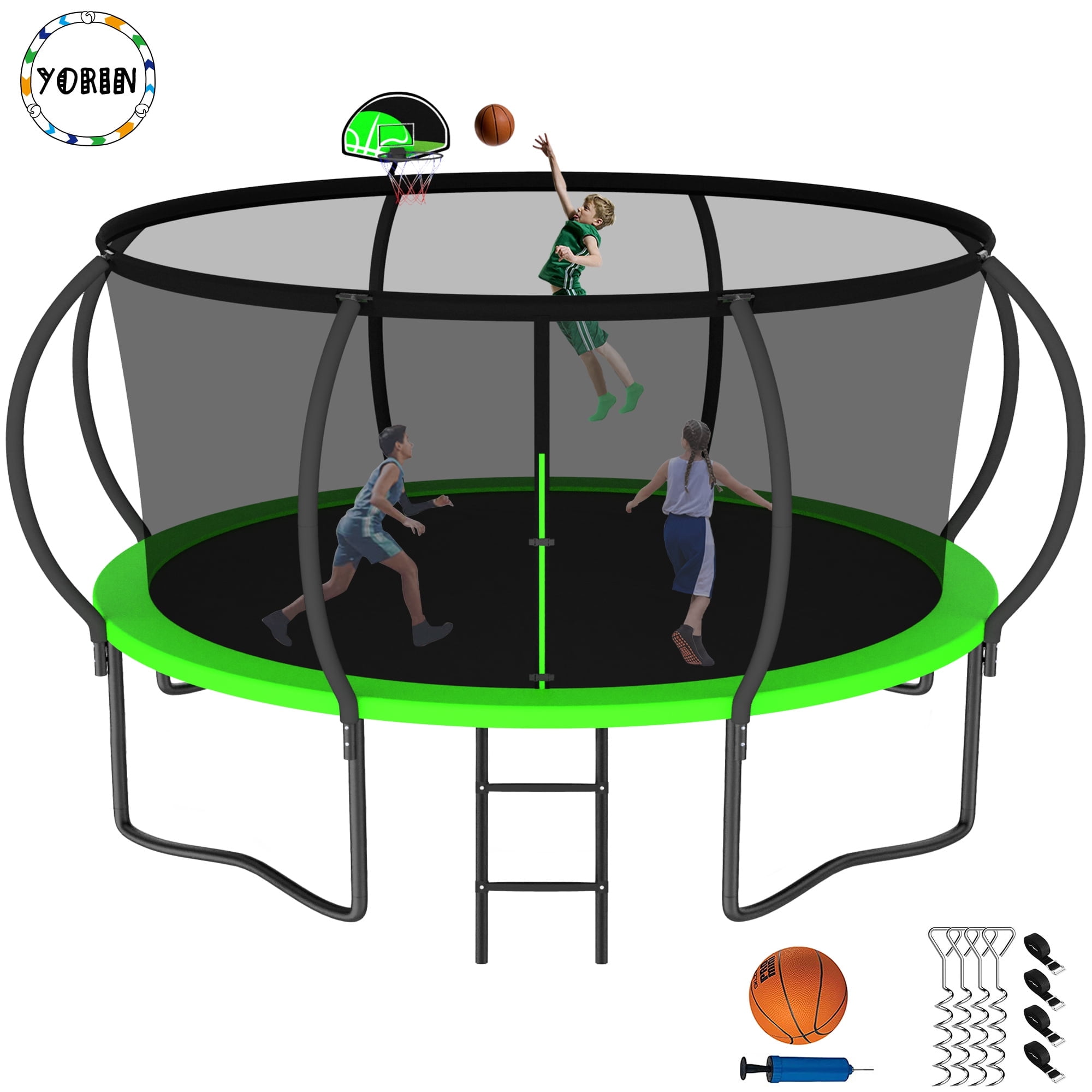 YORIN 12FT Trampoline, 1200LBS with Enclosure, Hoop, Ladder, Outdoor ...