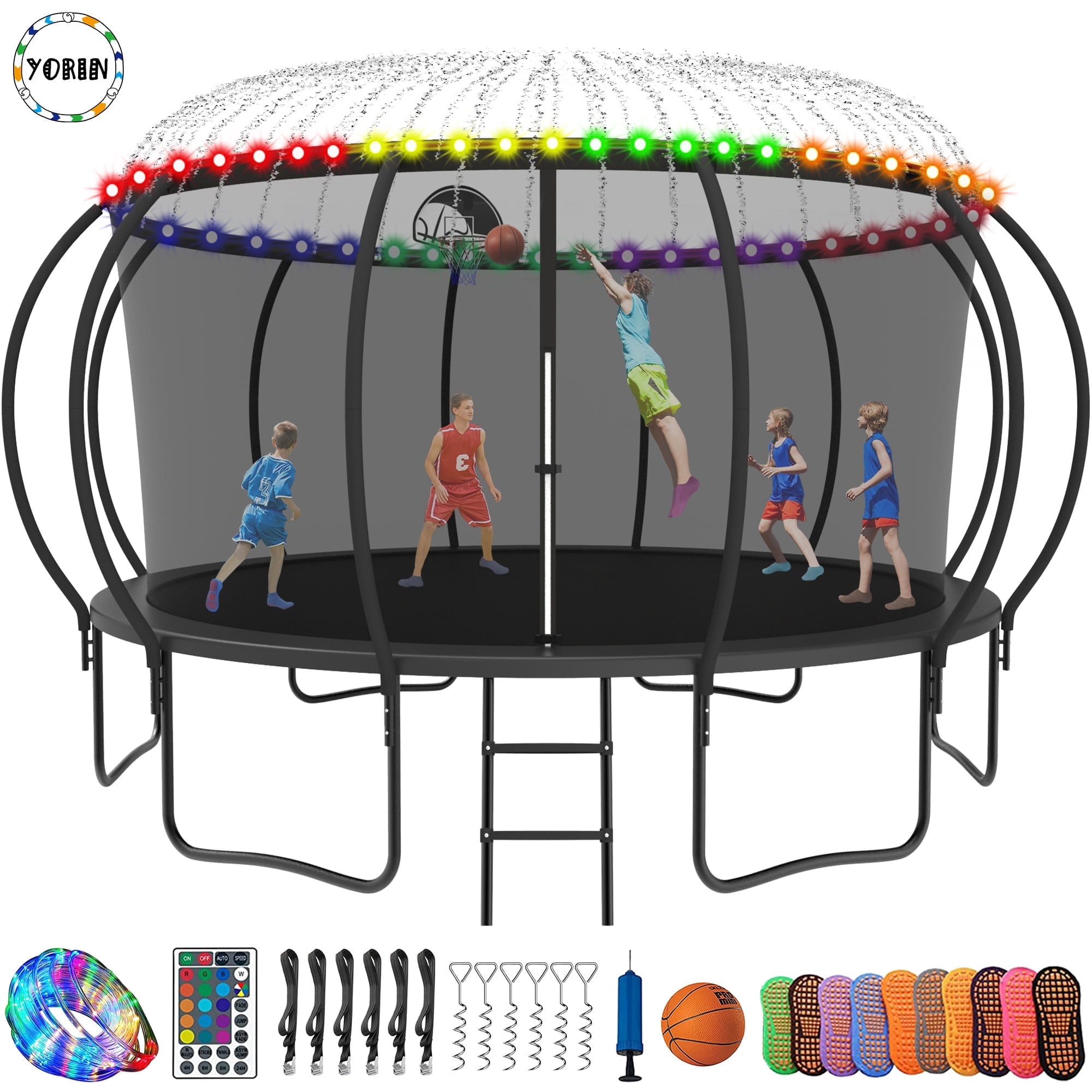 YORIN 15 FT Trampoline, Kids & Adults, Enclosure Net, Basketball Hoop ...