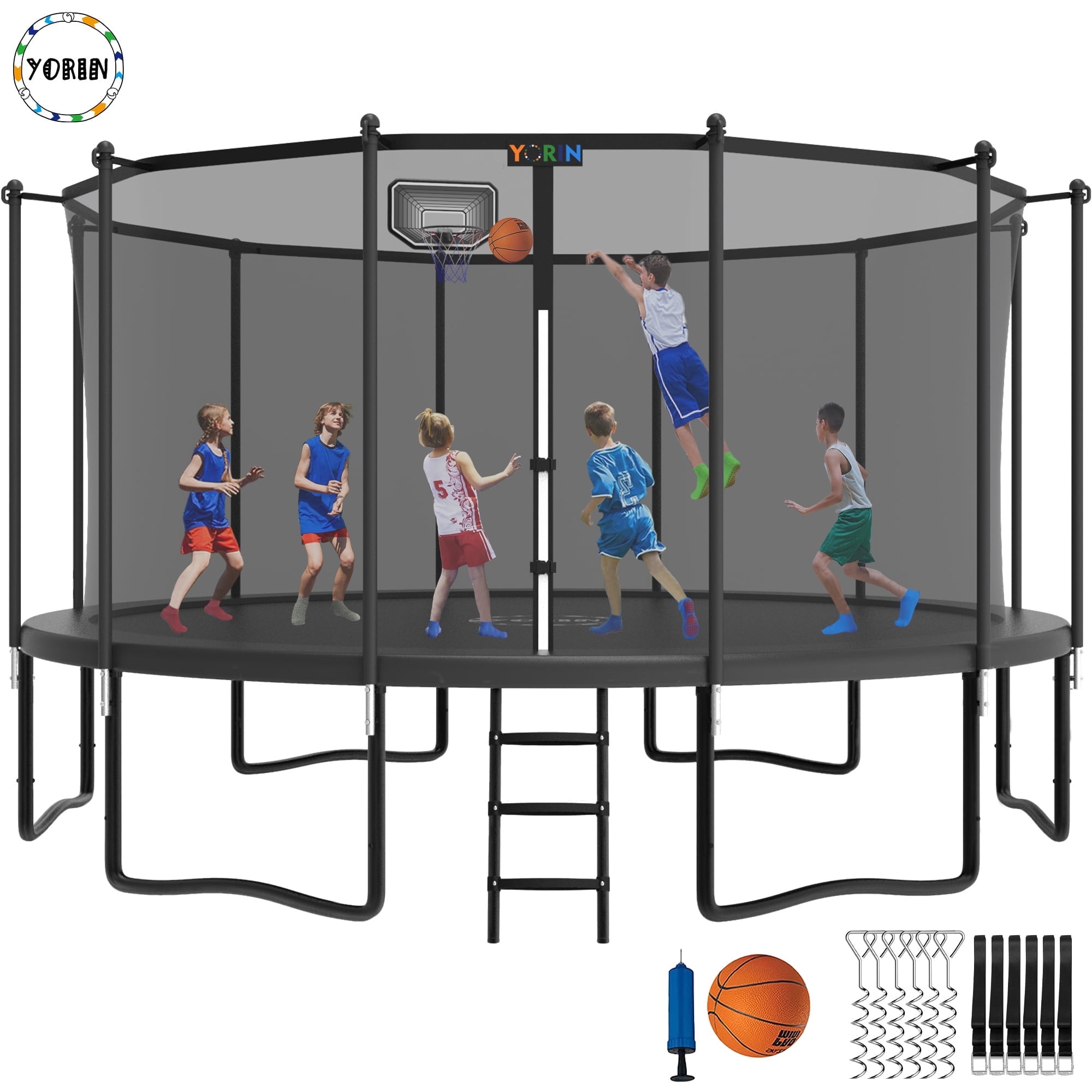 YORIN 16FT Trampoline, 1500LBS, with Enclosure Net, Basketball Hoop ...