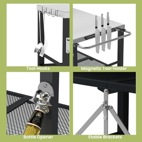 YORKING Foldable Outdoor Grill Cart, Stainless Steel 3 Tier Kitchen ...