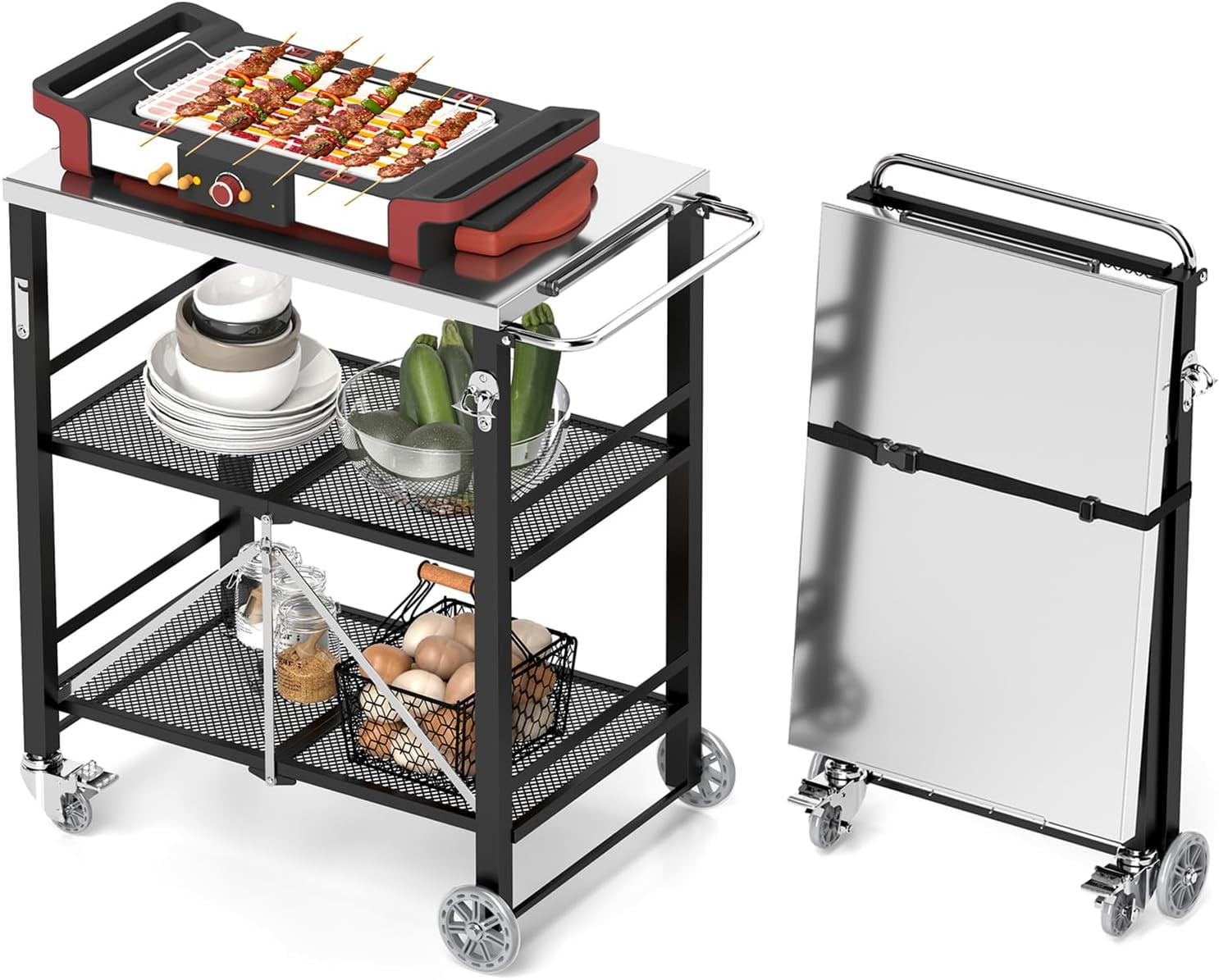 YORKING Foldable Outdoor Grill Cart, Stainless Steel 3 Tier Kitchen ...