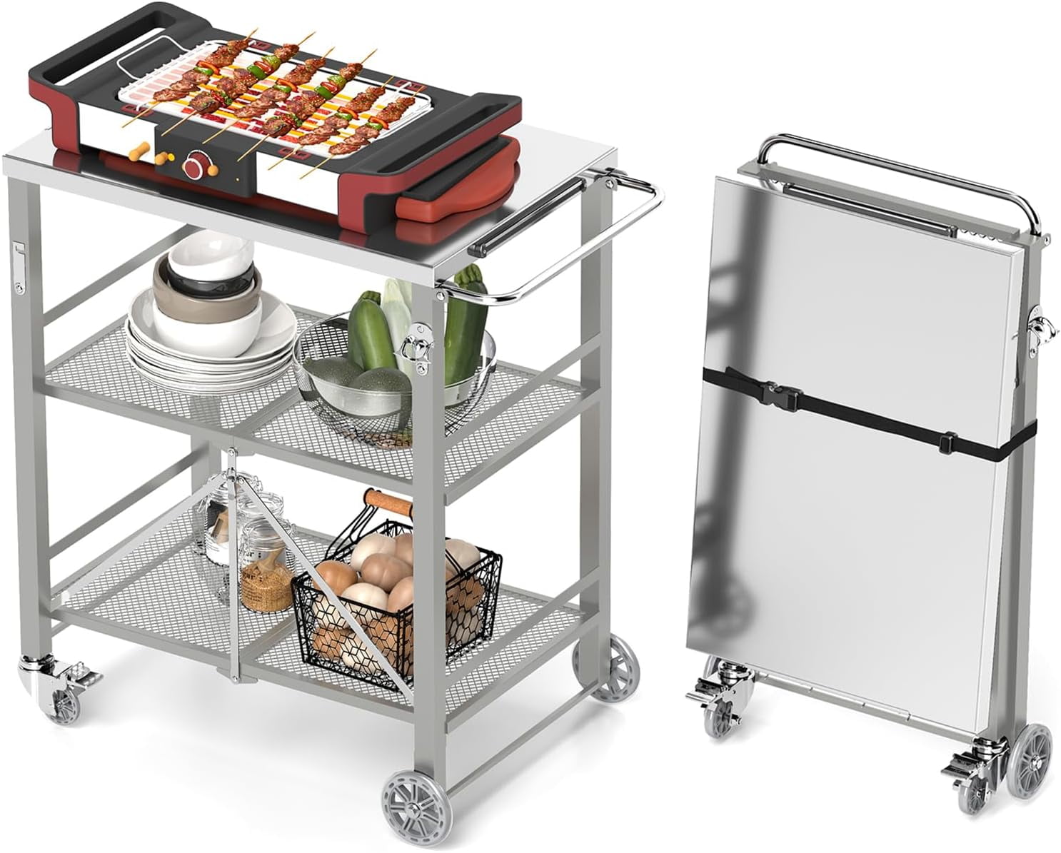 YORKING Foldable Outdoor Grill Cart, Stainless Steel 3 Tier Kitchen ...