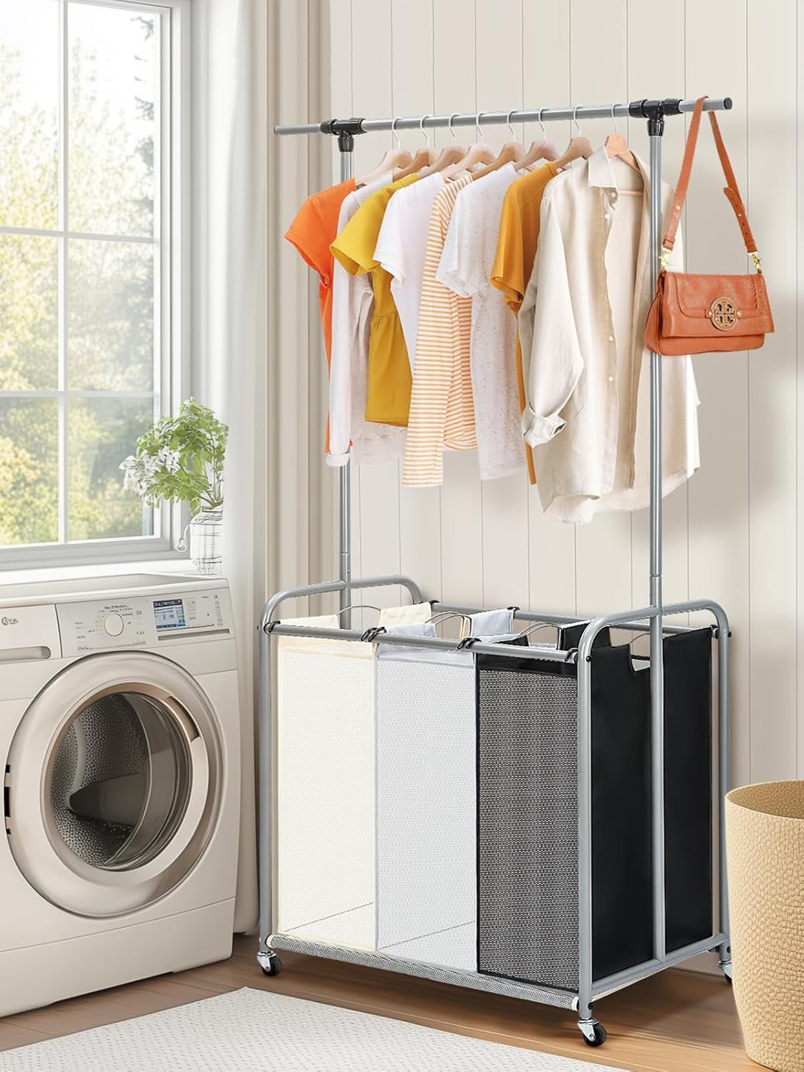 YORKING Laundry Sorter Cart with Hanging Clothes Rack, 3 Butler Sorter ...