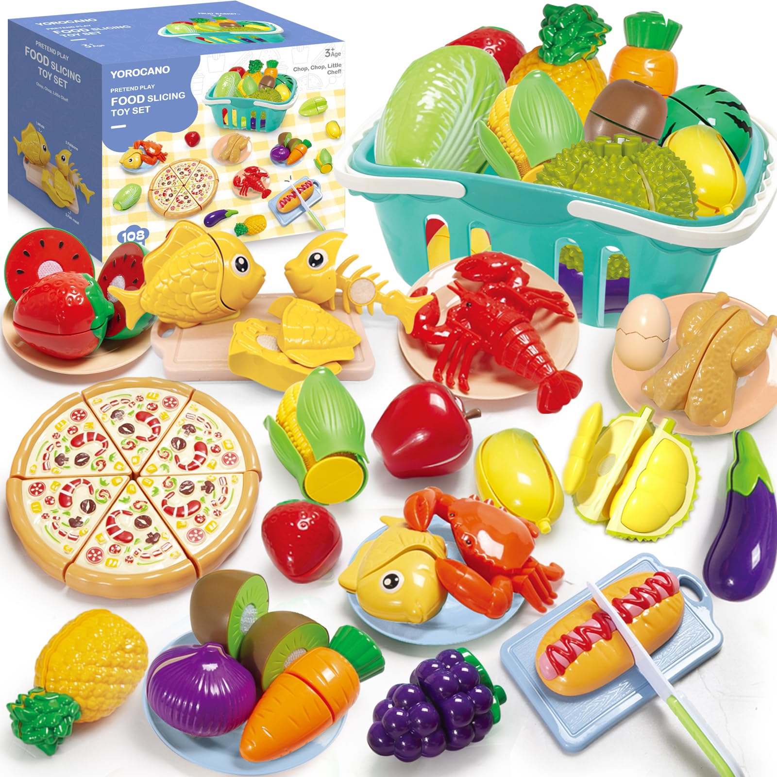 YOROCANO 108pcs Learning Toys Play Food Set for Cutting Food for ...