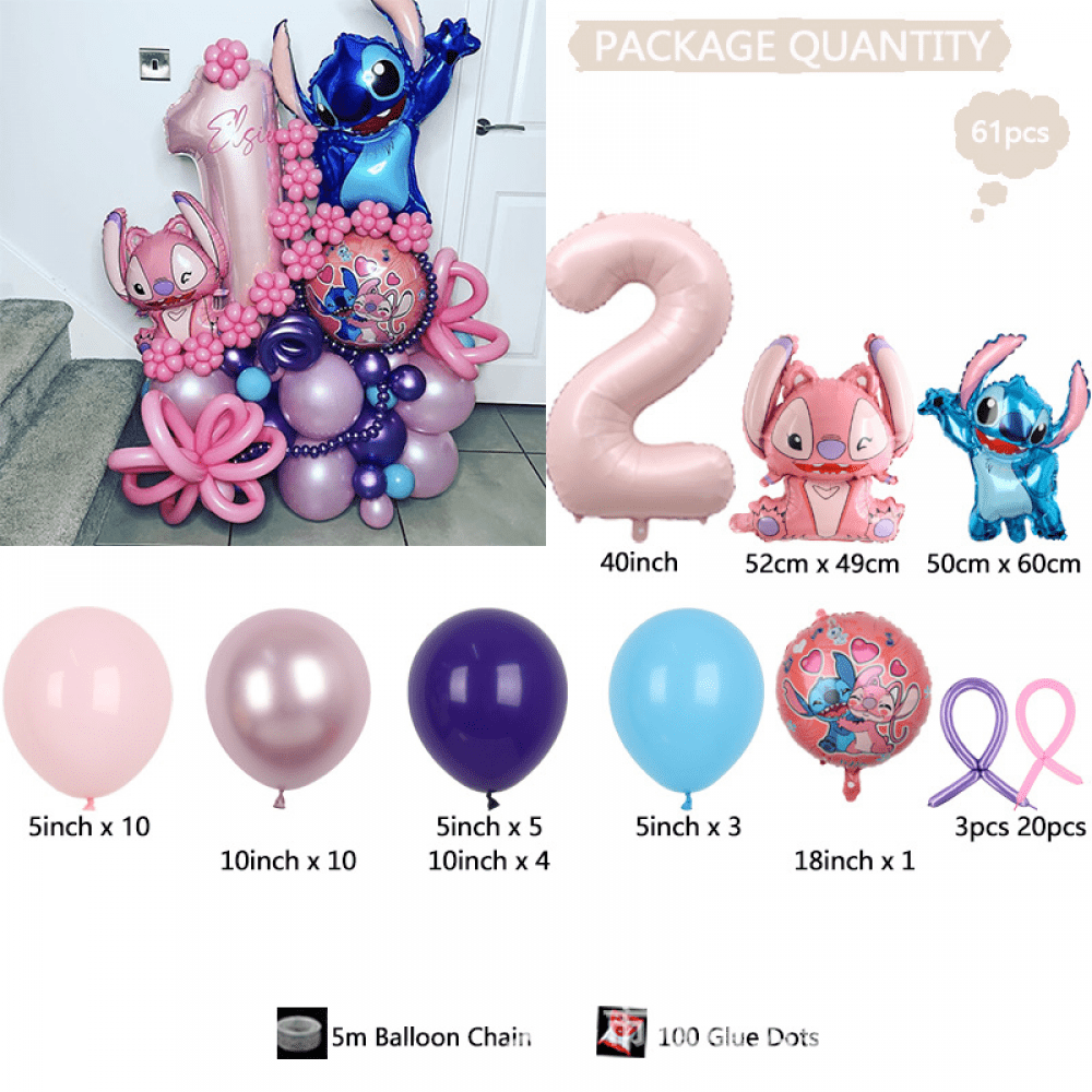 YOSENING 61pcs Stitch Theme Birthday Party Balloons Kit Pink Number 1-9 ...