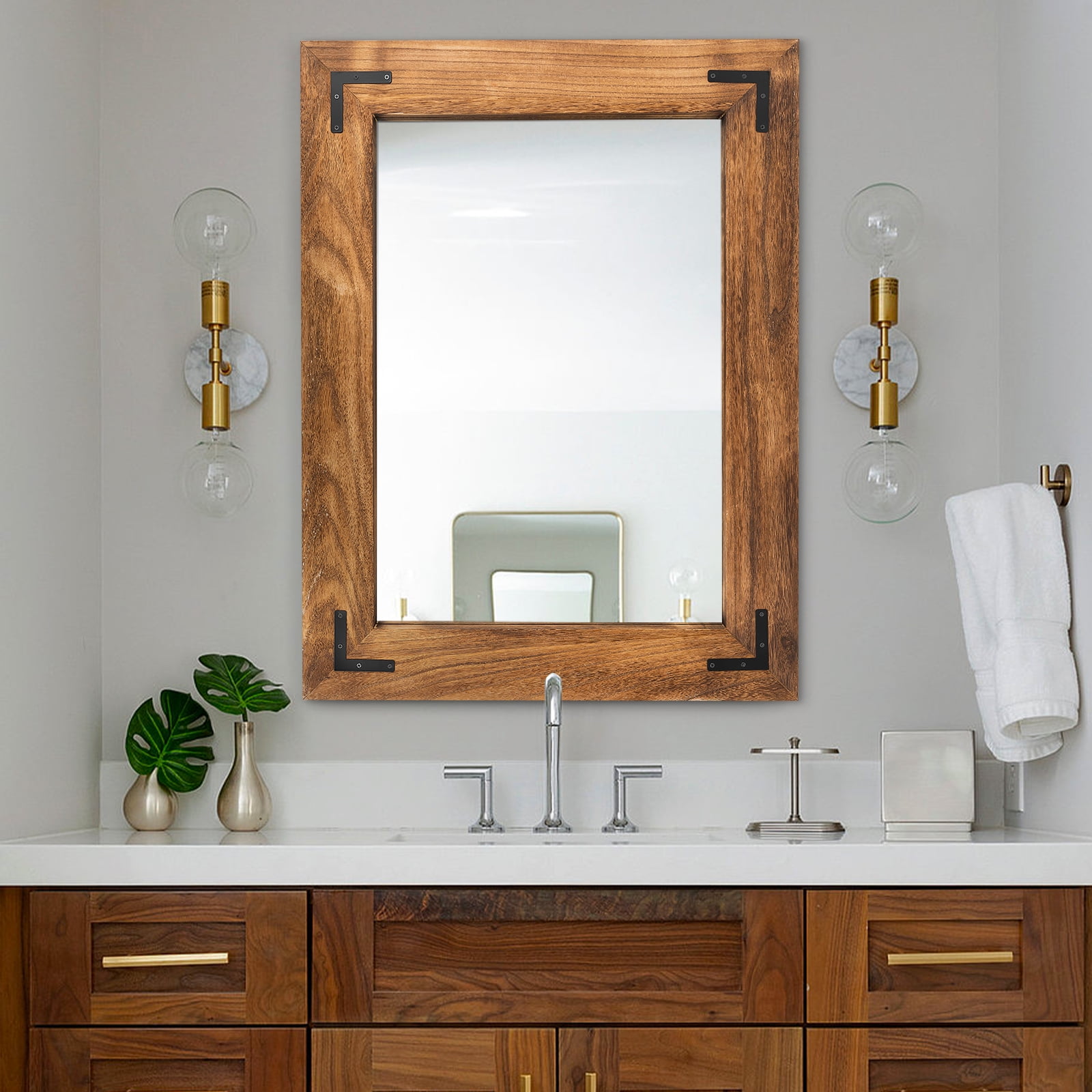 YOSHOOT Rustic Wooden 30x20 Wall Mirror, Rectangle Brown Vanity Mirror ...