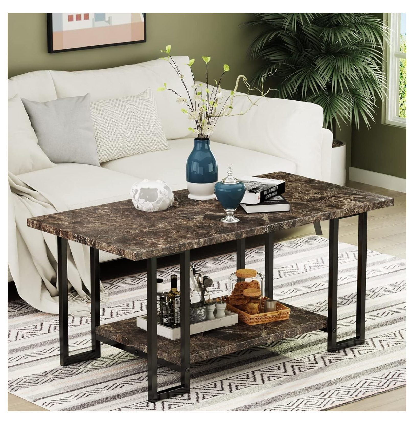 YOSITiuu Marble Coffee Table, Faux Marble Top Rectangular Coffee Table ...