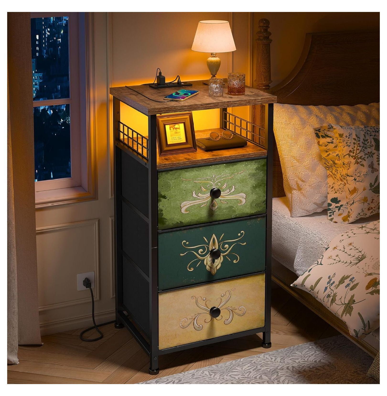 YOSITiuu Nightstand with Charging Station, LED Night Stand with 3 ...