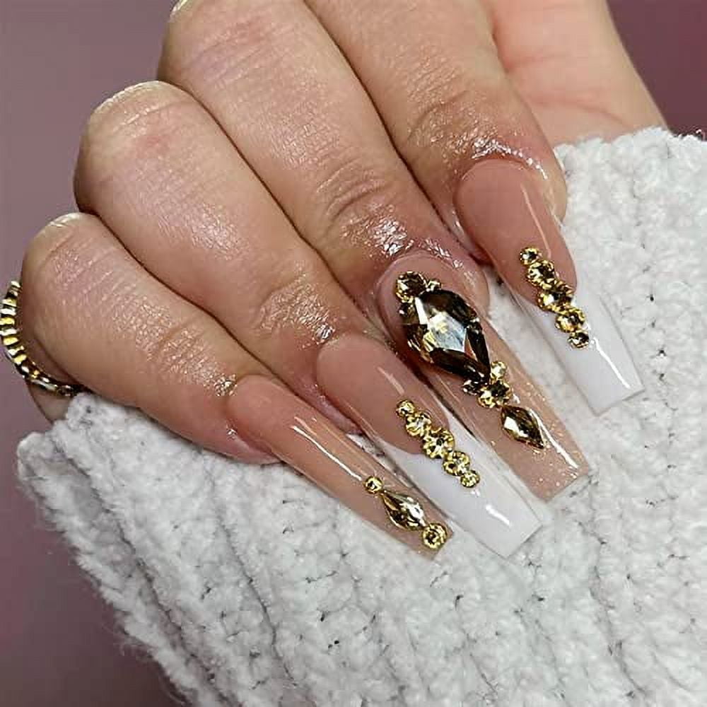 Yosomk French Tip Press On Nails Long With Designs Bling Gems