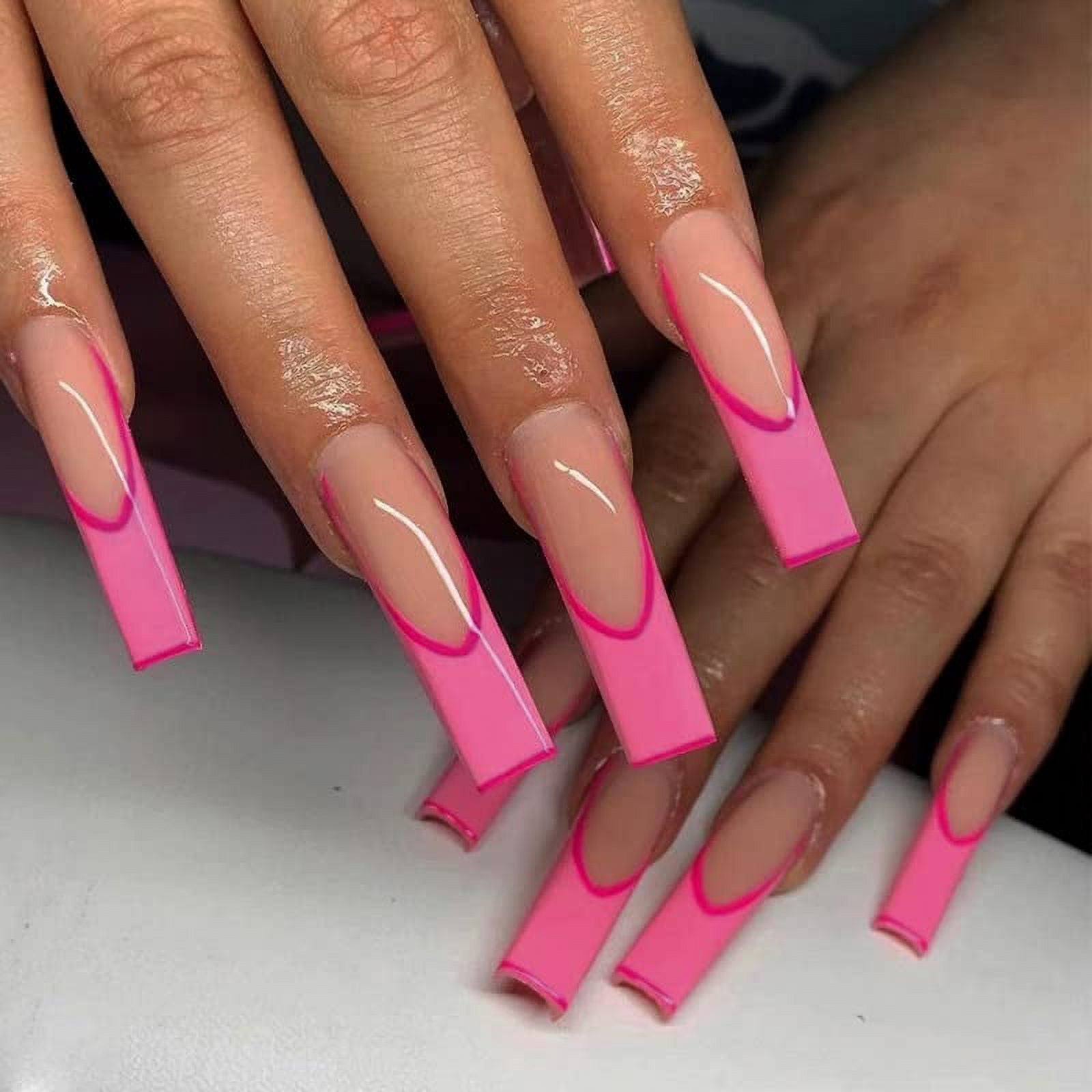 YOSOMK Long Press on Nails Barbie Pink French Tip Fake Nails Press On ...