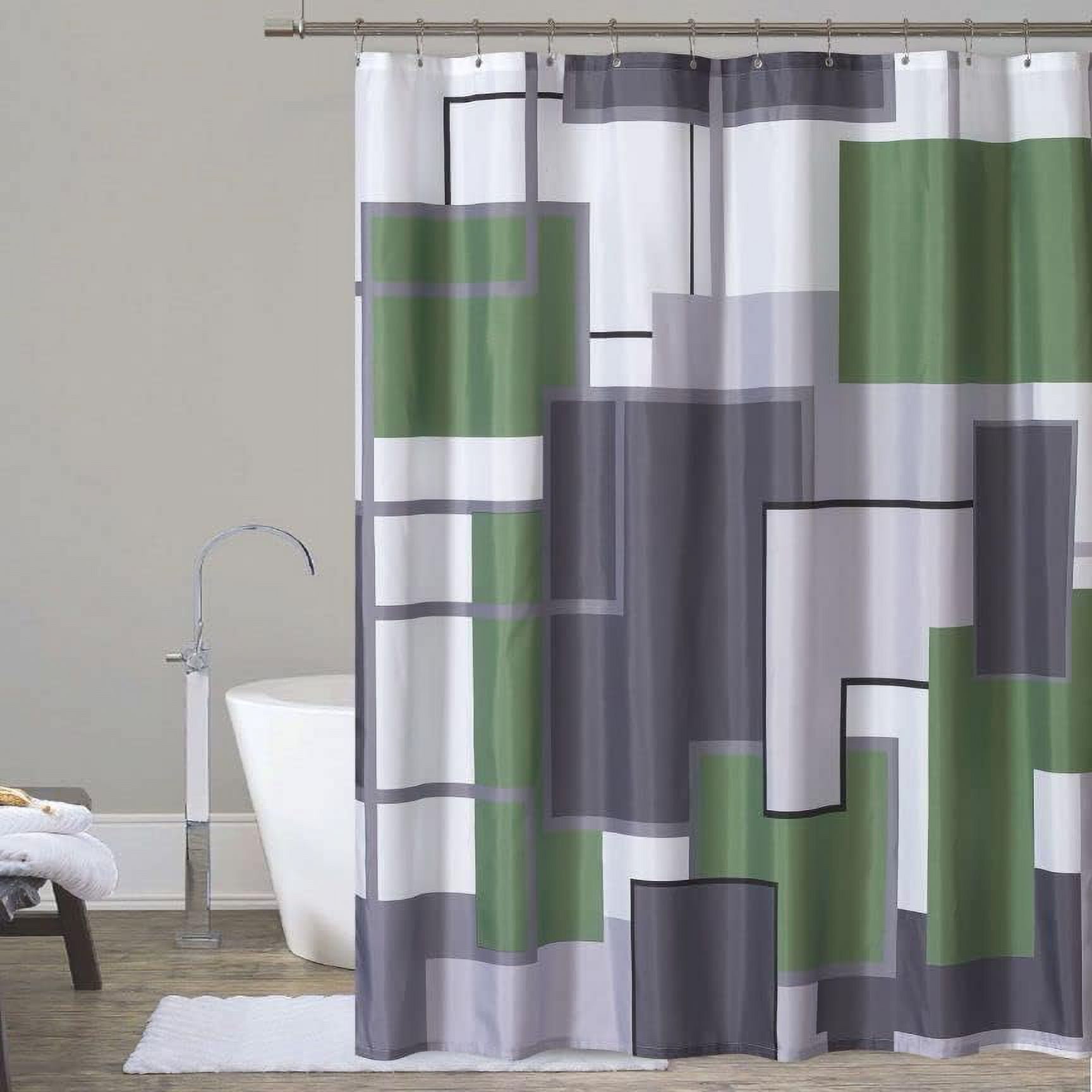 YOSTV Sage Green Modern Geometric Shower Curtain, Sage Green Black White Waterproof Shower ...