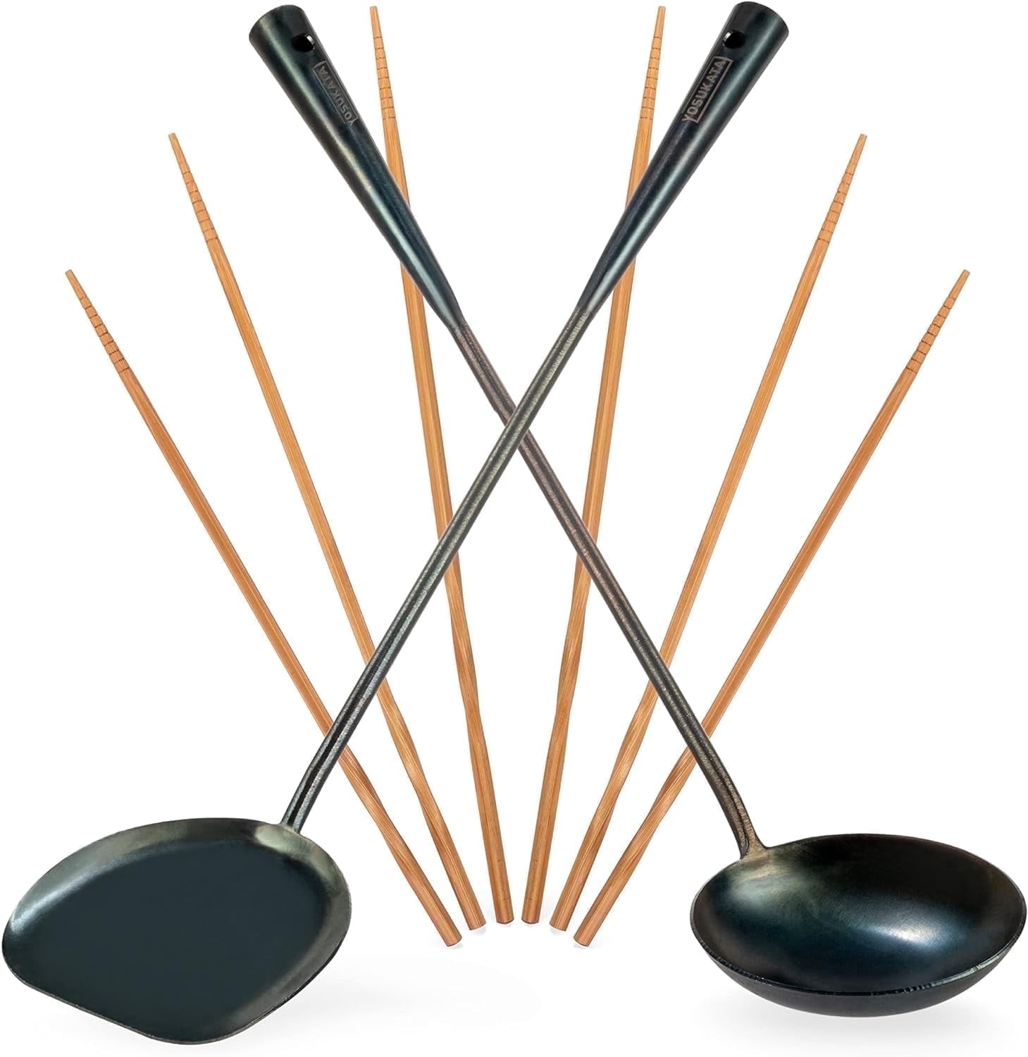 YOSUKATA Pre-Seasoned Wok Utensils Set - Blue Carbon Steel 17" Spatula ...
