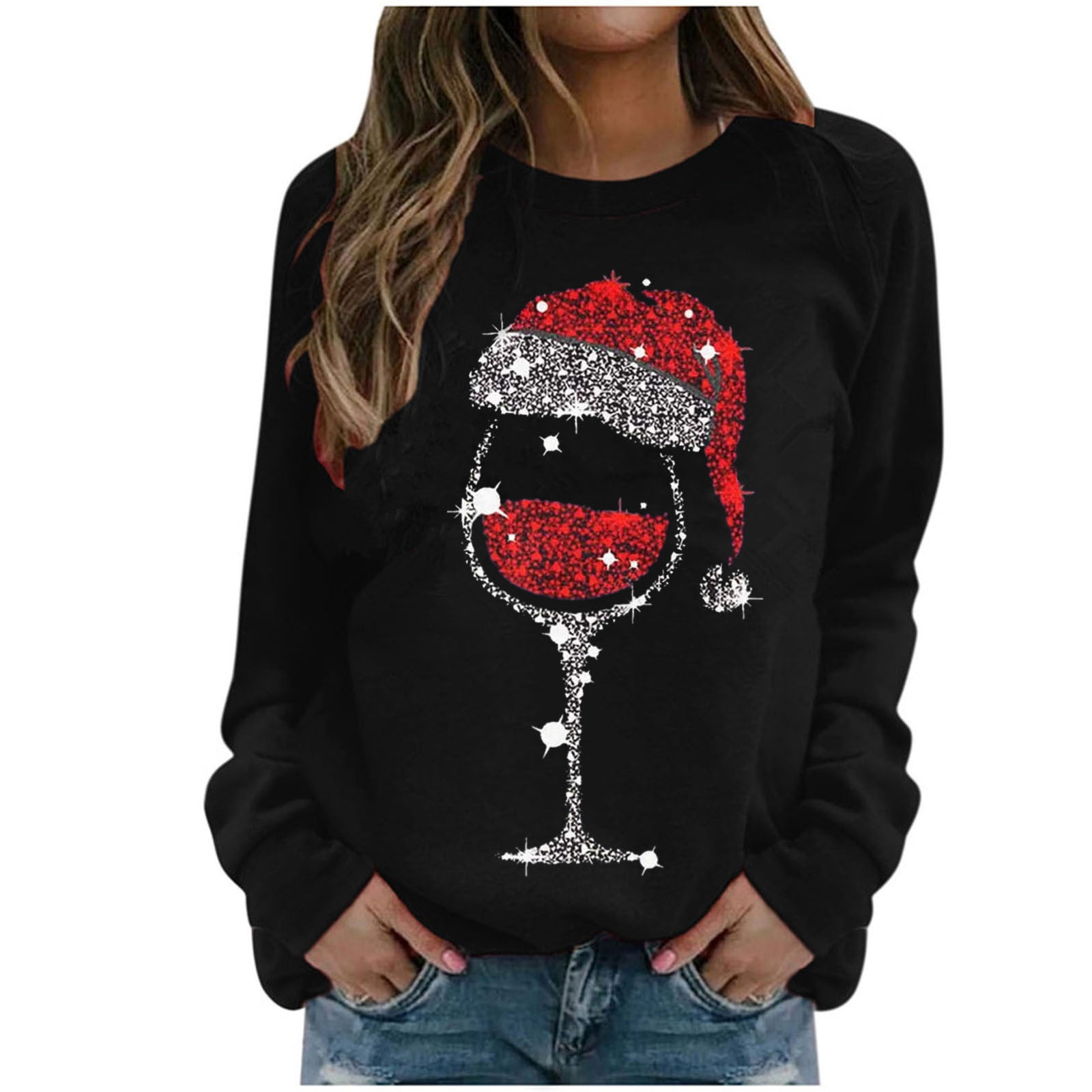 YOTAMI Christmas Sweatshirts for Women Fashion 2024 Red Wine Glass Graphic Ugly Sweaters Tops ...