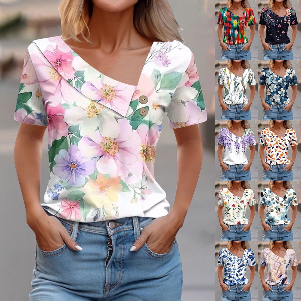 YOTAMI Fashion Plus Size Graphic Tees for Women - V-Neck Floral Print ...