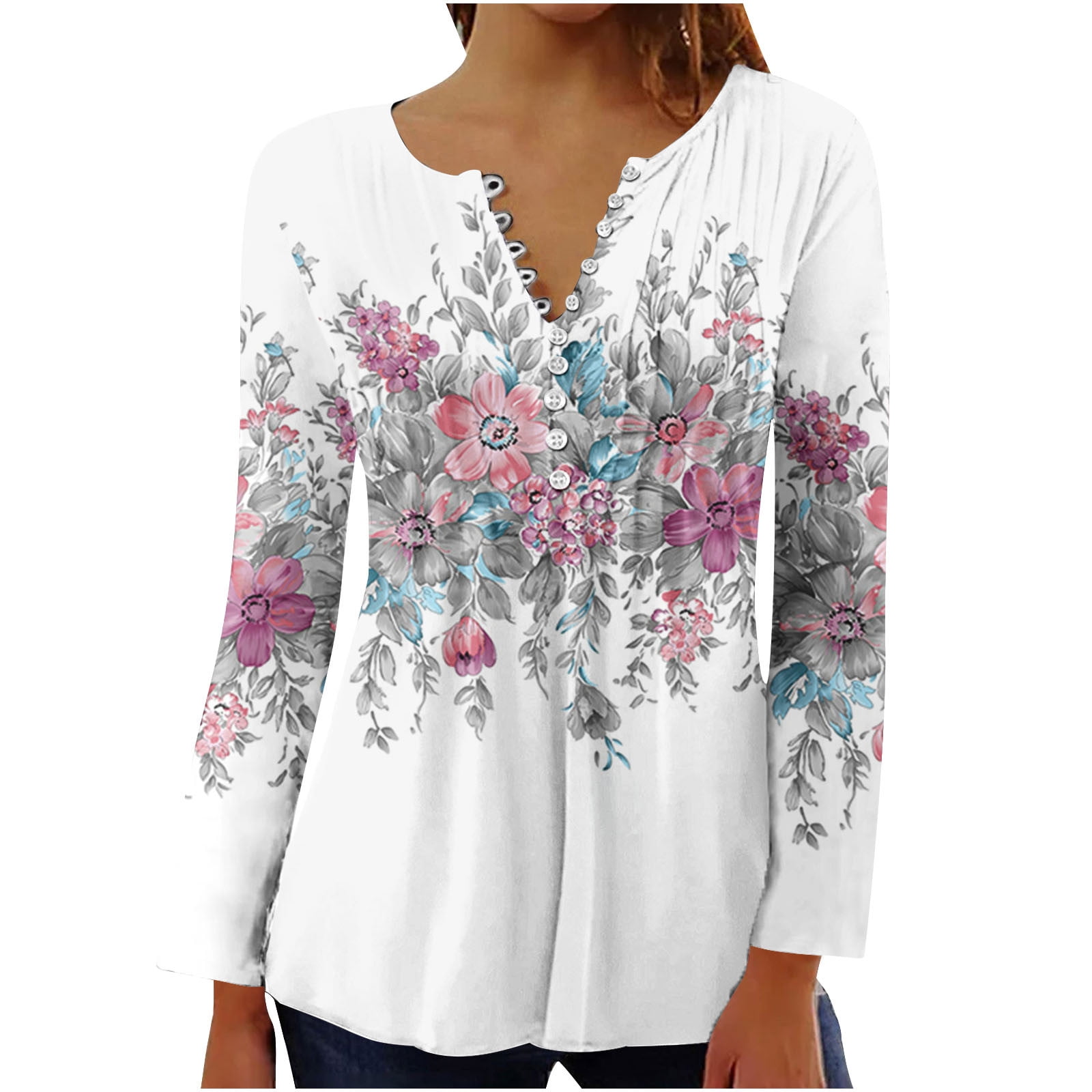 YOTAMI Long Sleeve Shirts for Women V-Neck Floral Print Graphic T ...