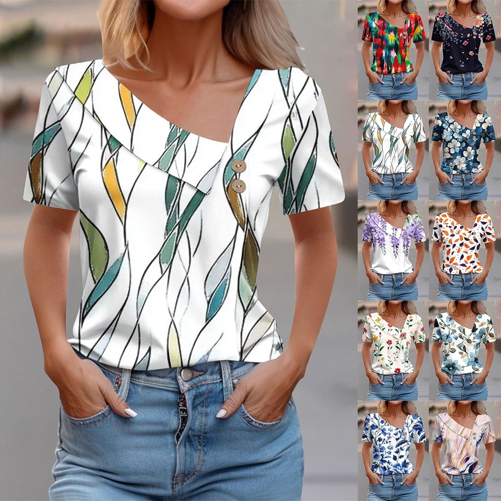 YOTAMI Plus Size Blouses for Women Short Sleeve Floral Print Graphic T ...