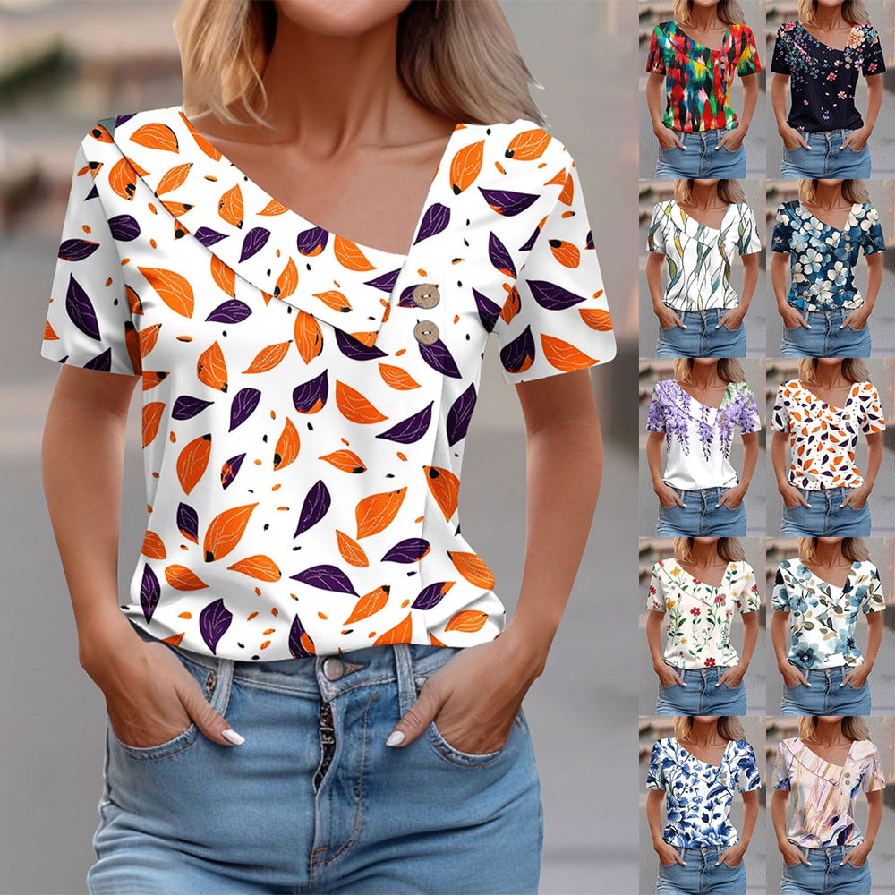 YOTAMI Plus Size Graphic Tees for Women V-Neck Short Sleeve Tops for ...