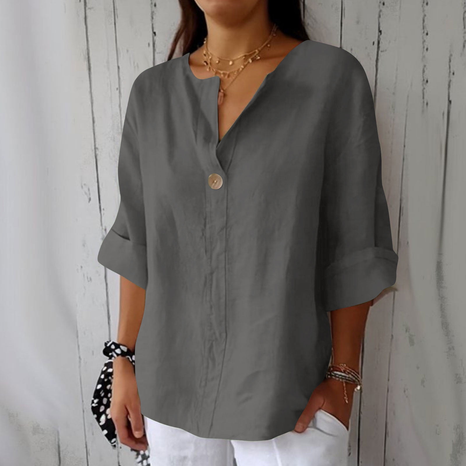 YOTAMI Plus Size Linen Shirts for Women Summer 3/4 Length Sleeve Tops ...