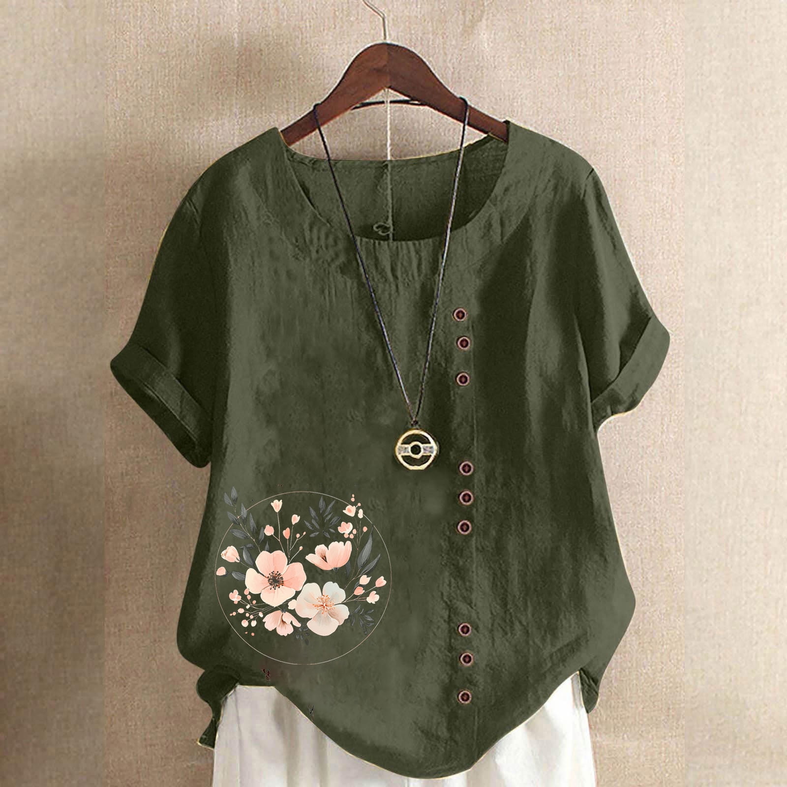 YOTAMI Plus Size Summer Linen Tops for Women Fashion Short Sleeve ...