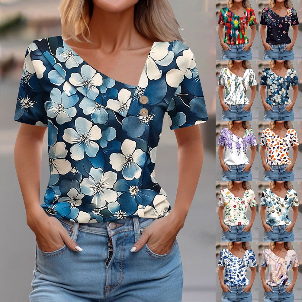 YOTAMI Plus Size Women's Tops Floral Print Graphic Tees for Work V-Neck ...