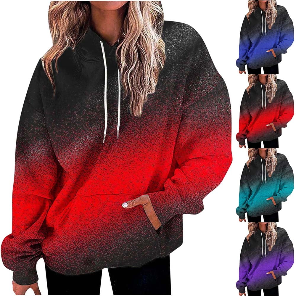 YOTAMI Red Womens Hoodies Pullover Long Sleeve Drawstring Gradient ...
