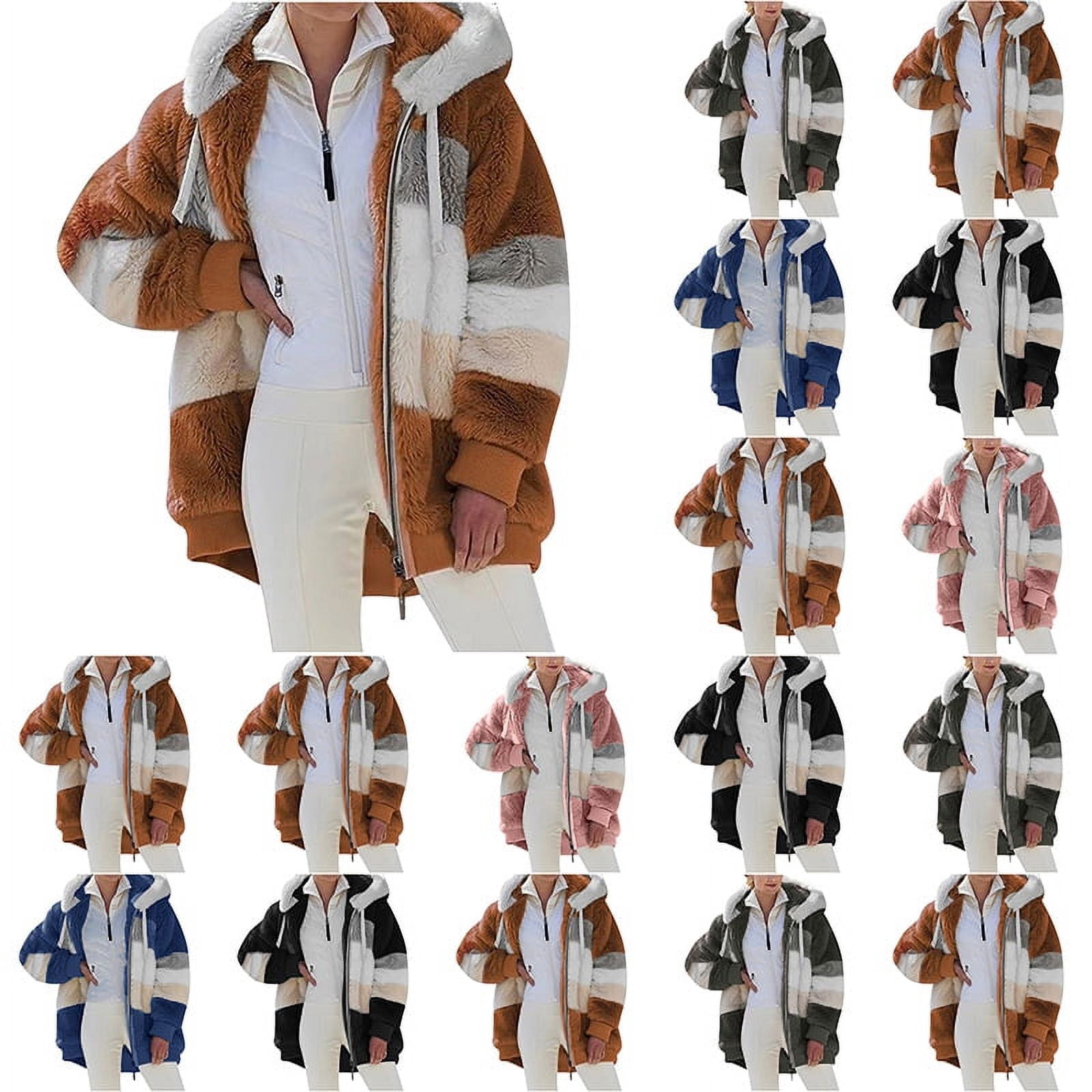 YOTAMI Winter Coats for Women Plus Size Color Block Plush Zipper Winter ...
