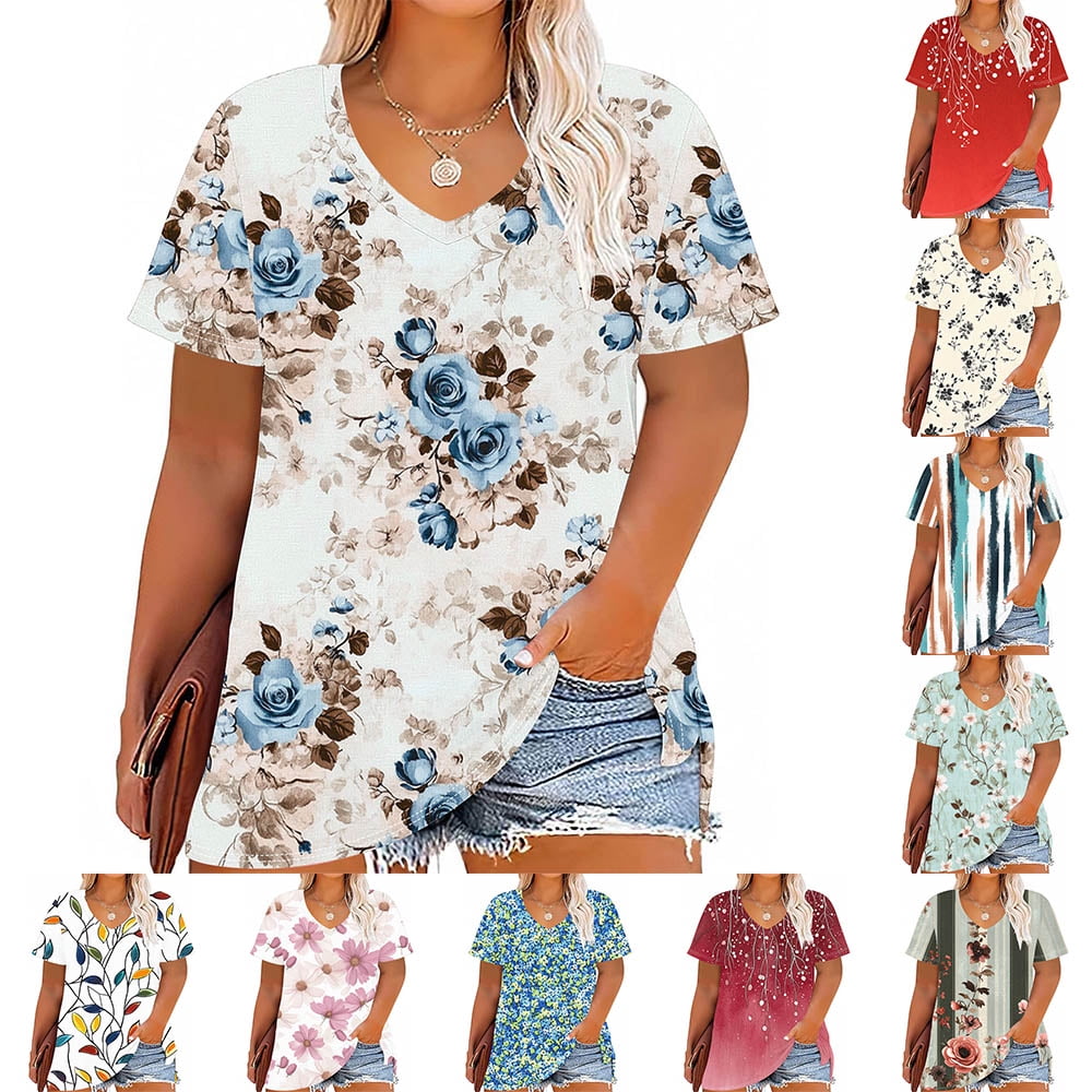 YOTAMI Women's Floral Graphic Tees Plus Size V-Neck Casual Tops Summer ...
