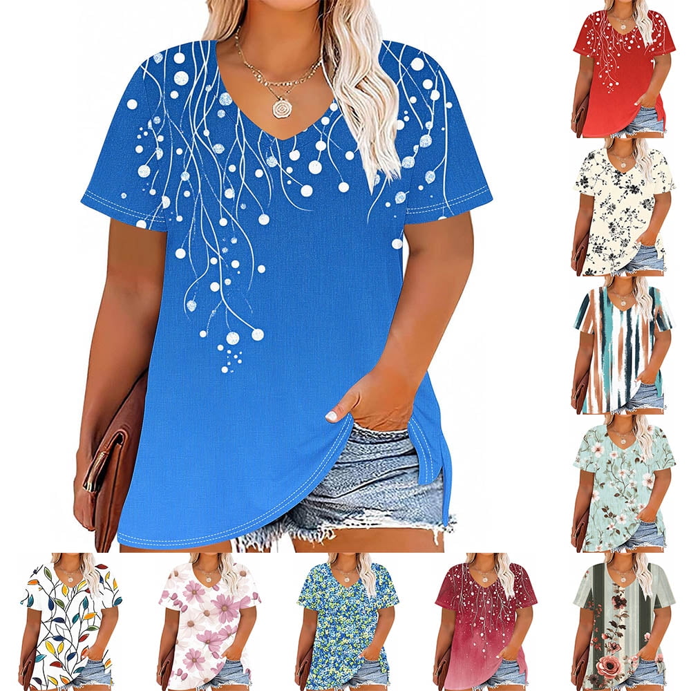 YOTAMI Women's Floral Tops Plus Size Clearance Clothes V-Neck Short ...