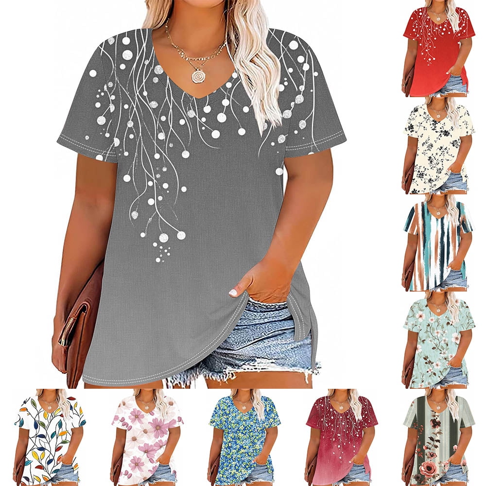 YOTAMI Women's Floral Tops Plus Size V-Neck Short Sleeve Casual ...