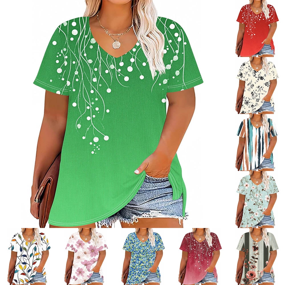 YOTAMI Women's Floral Tops Plus Size V-Neck Short Sleeve Casual ...