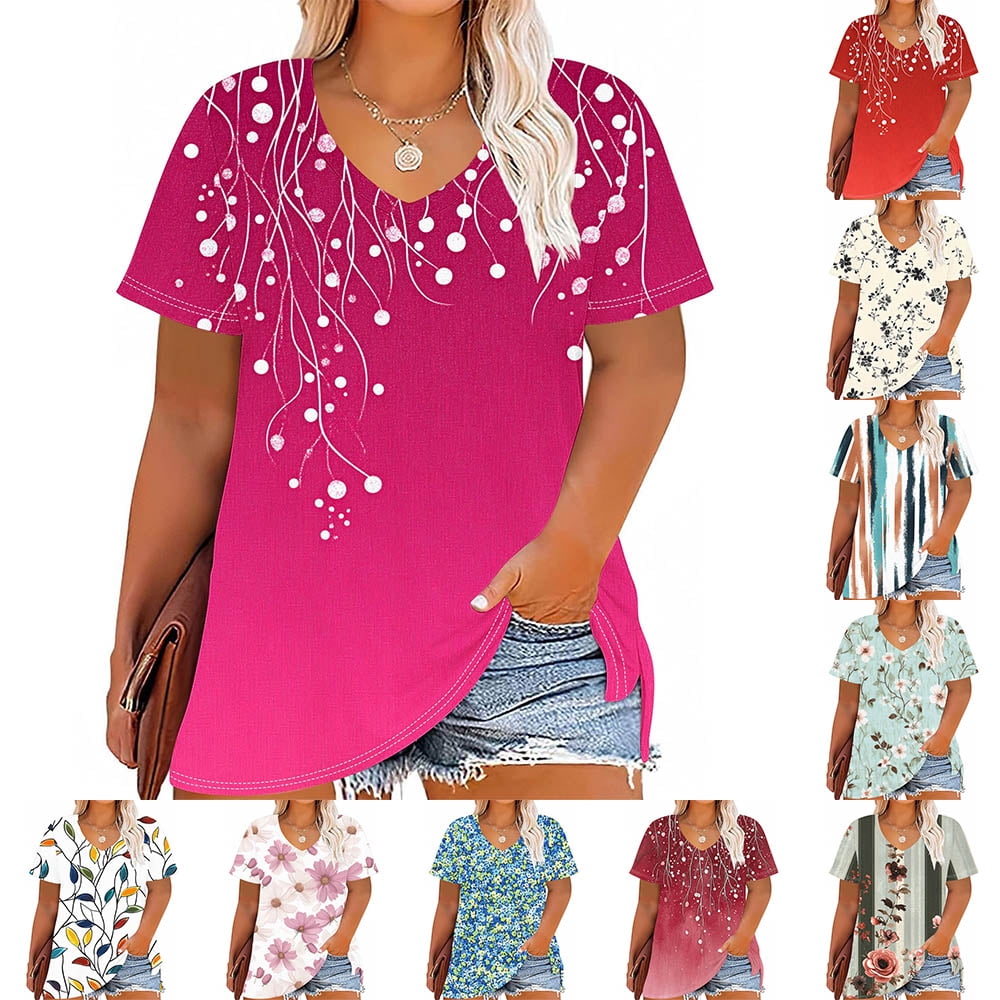 YOTAMI Women's Floral Tops Plus Size V-Neck Short Sleeve Casual ...