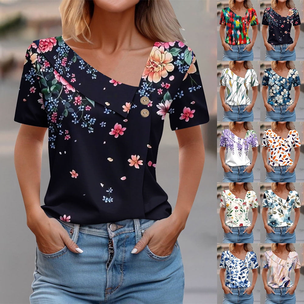 YOTAMI Women's Plus Size V-Neck Tops V-Neck Floral Print Graphic Tees ...
