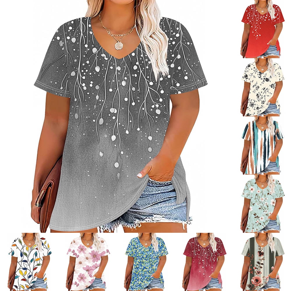 YOTAMI Women's V-Neck Tops Plus Size Short Sleeve Casual Tops Summer ...