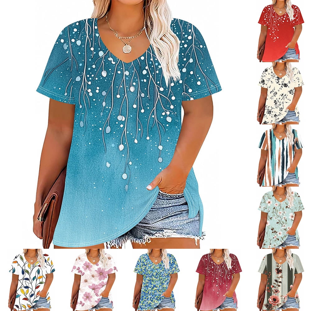 YOTAMI Women's V-Neck Tops Plus Size Short Sleeve Casual Tops Summer ...