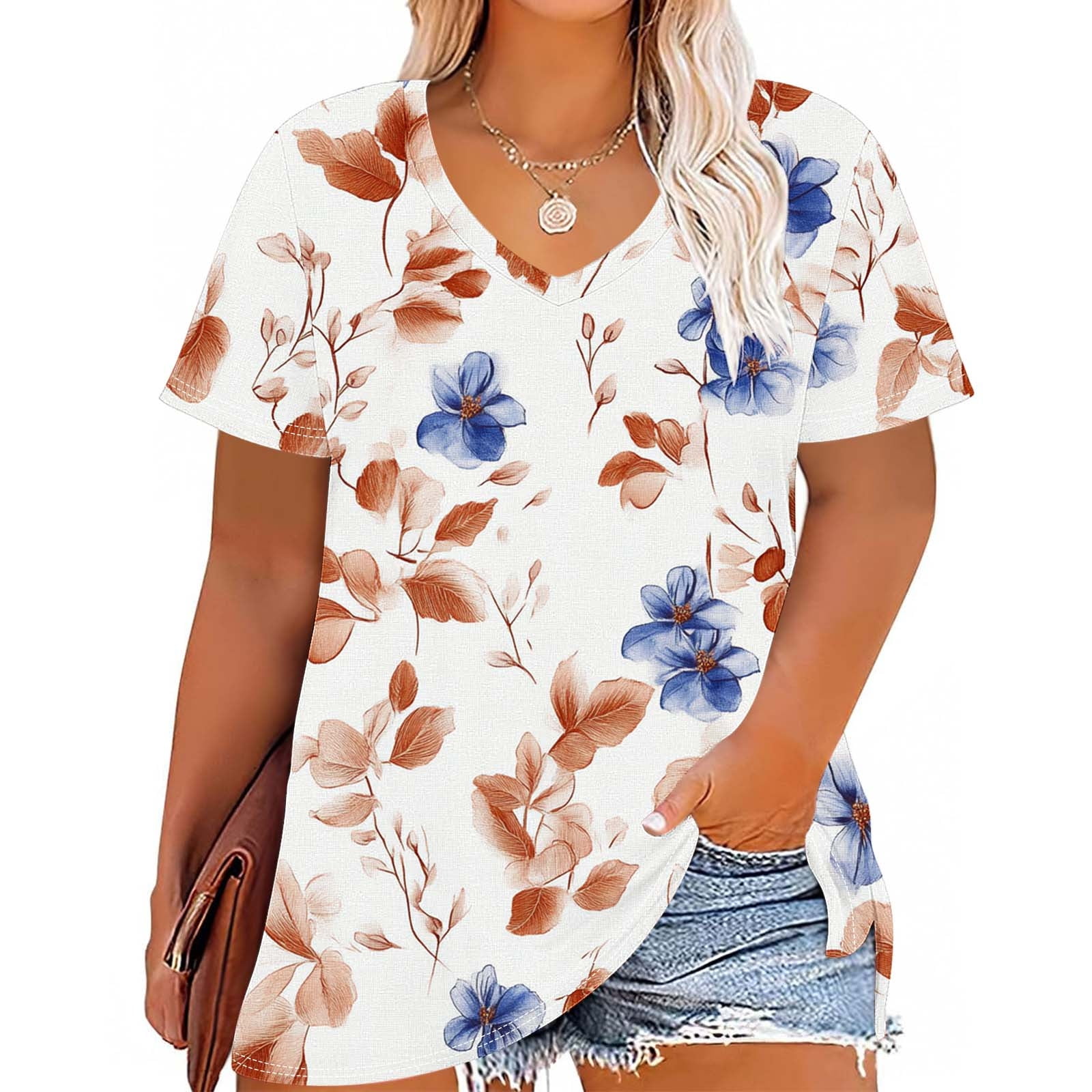YOTAMI Womens Graphic Tees Plus Size Summer Floral Print Short Sleeve V ...