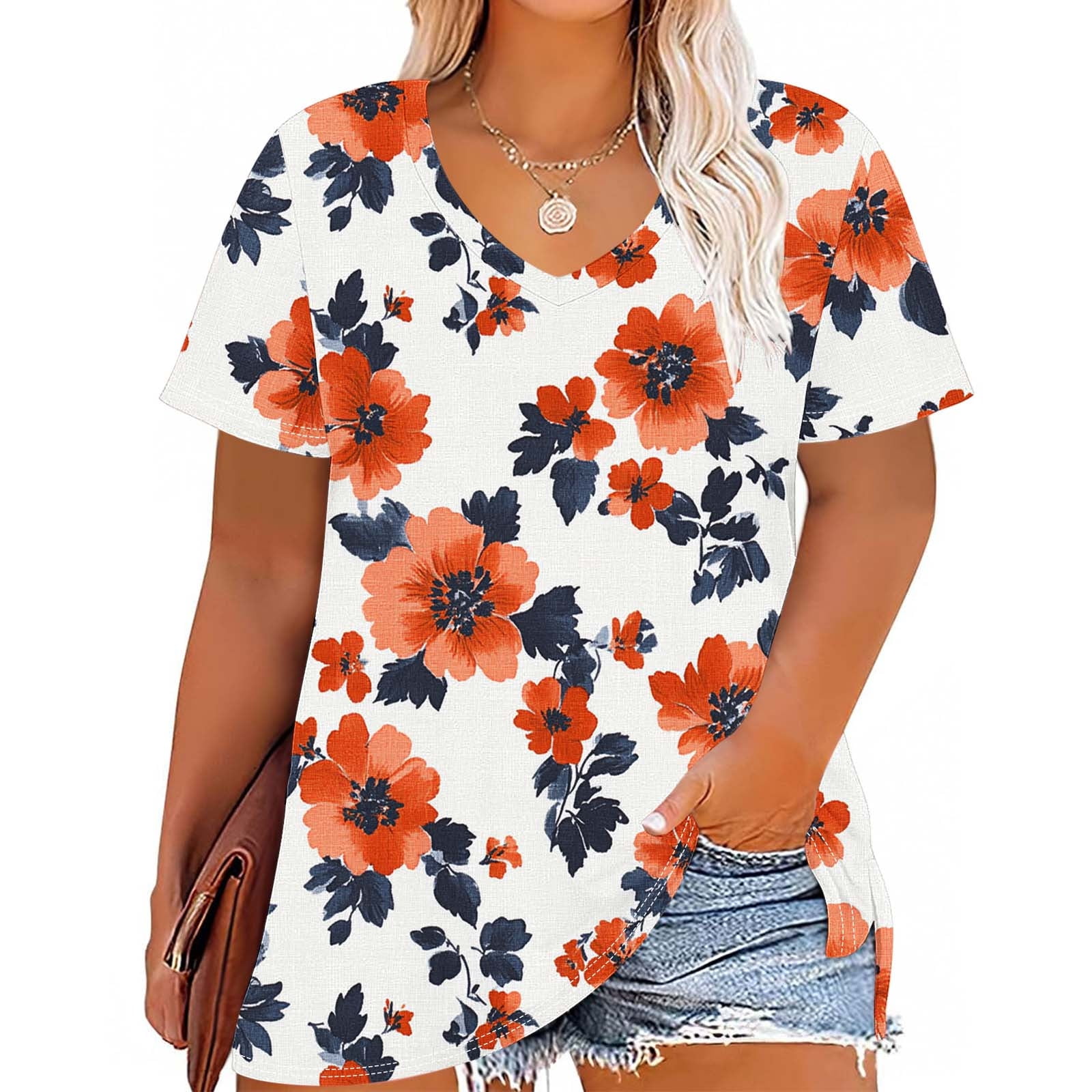 YOTAMI Womens Plus Size Graphic Tees Savings V-Neck Short Sleeve Floral ...