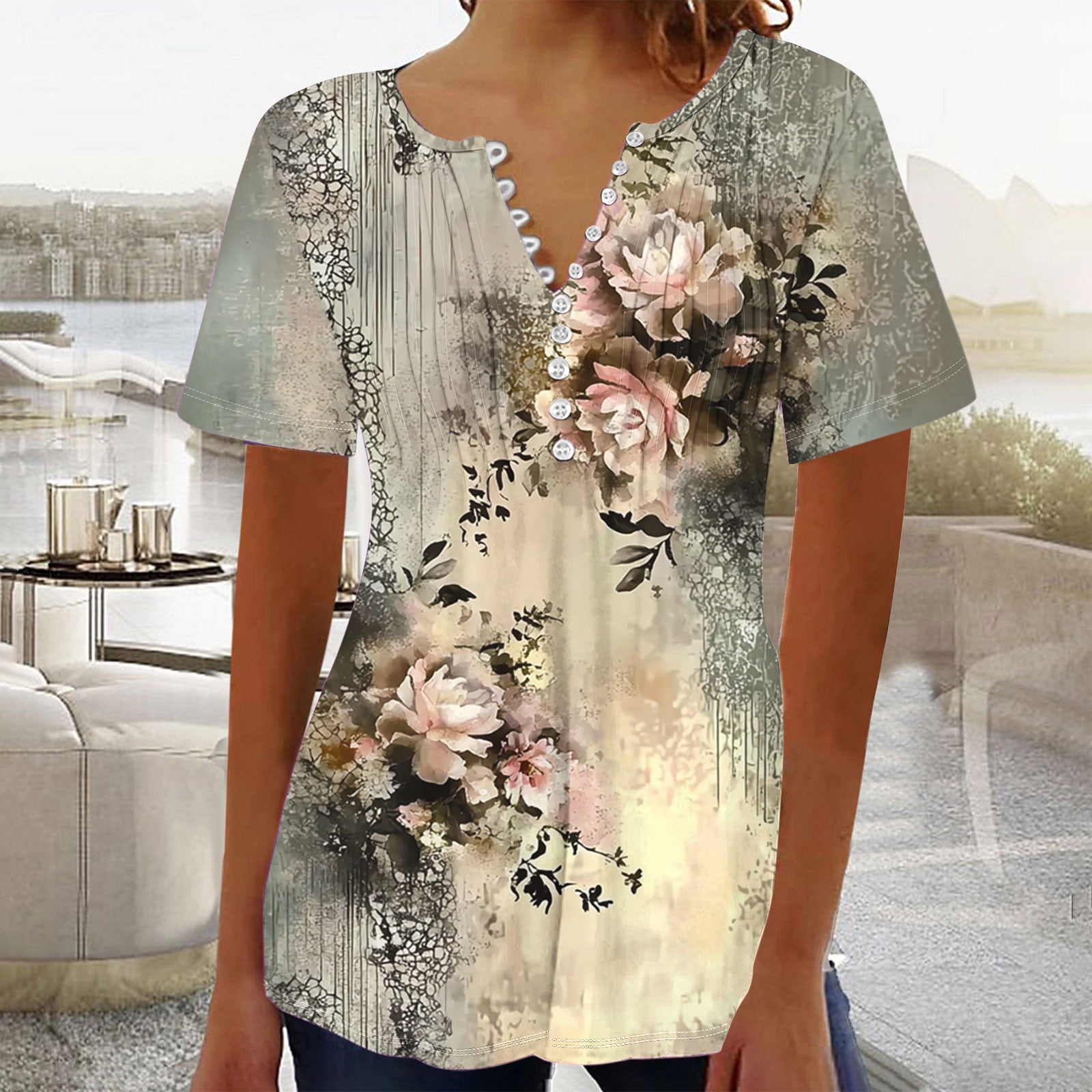 YOTAMI Womens Plus size Blouses Trendy Casual V-Neck Button Shirts ...