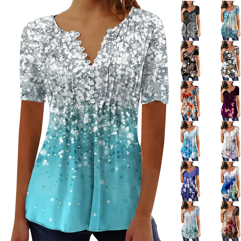 YOTAMI Plus Size Blouses for Women Dressy Casual Button V-Neck Tops ...